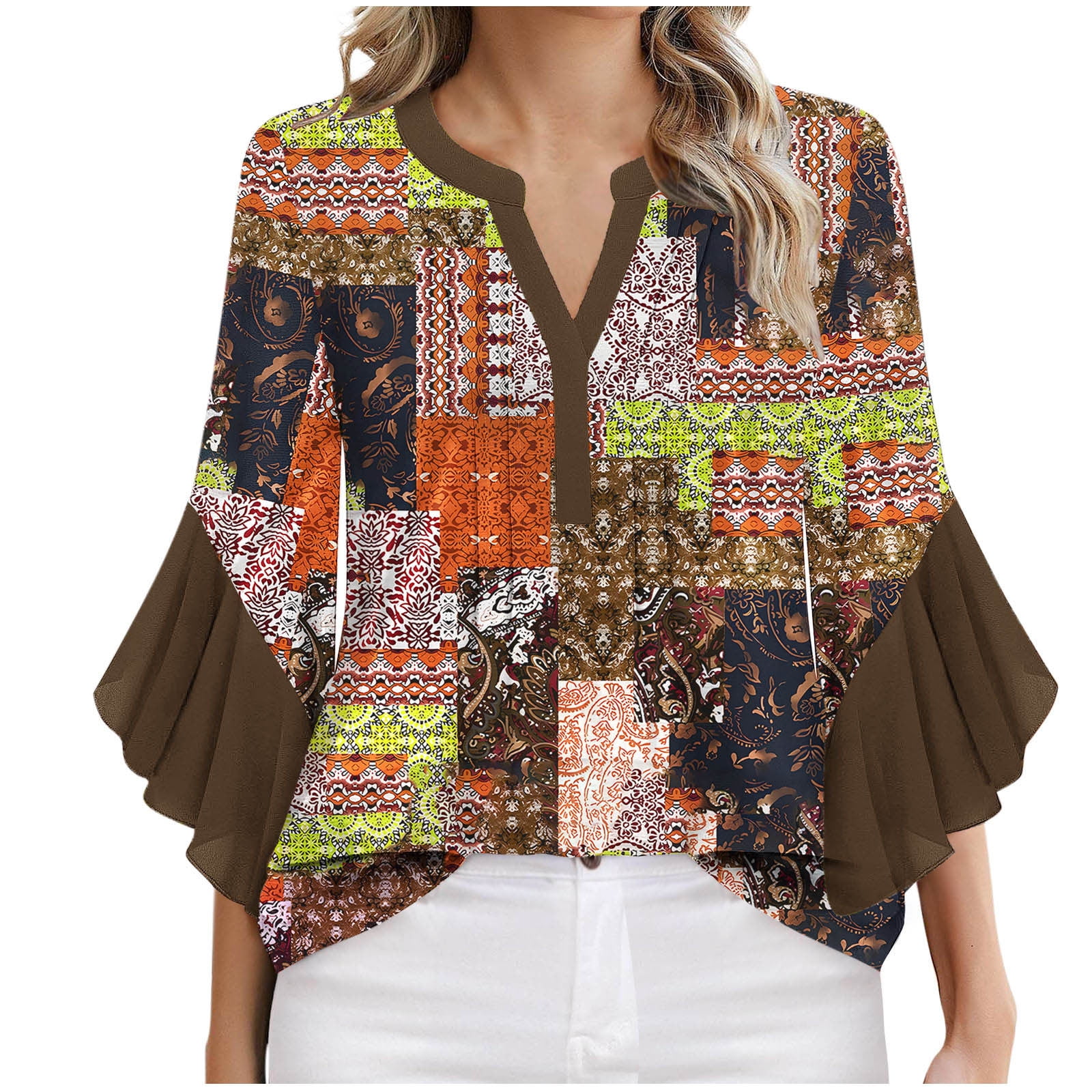 Brown Women Lounge Tops Petal 3/4 Sleeve Blouses for Women Boat V Neck ...