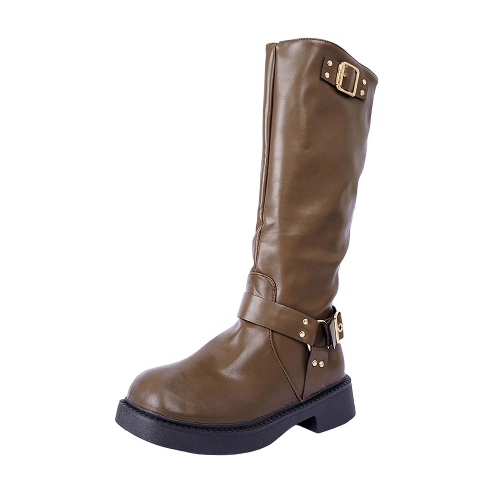 Brown Women Platform Western Boots Mid Calf Side Zipper Chunky Heel ...