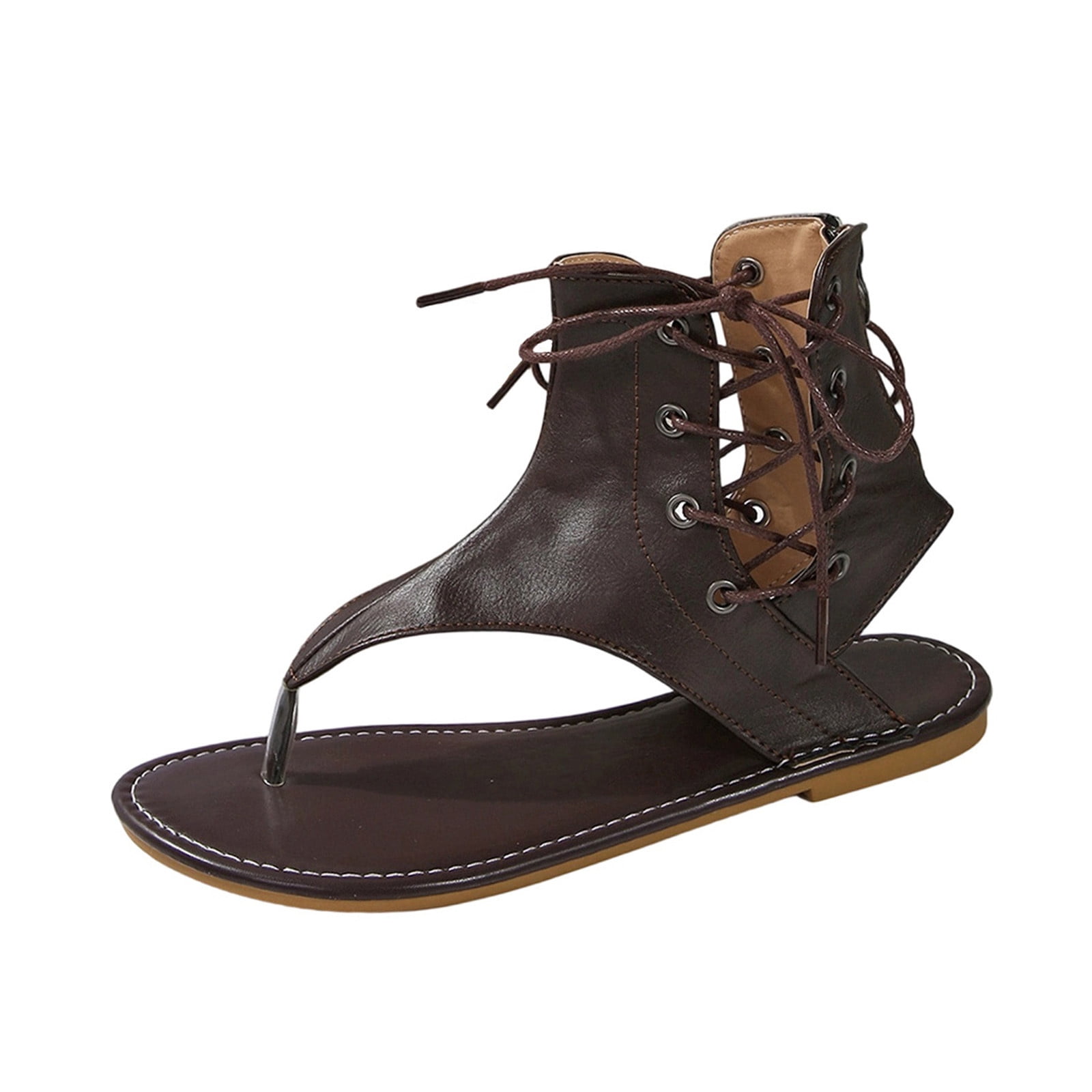 Brown Women Round Toe Sandals Flat Open Back Zipper Side Strap Summer ...