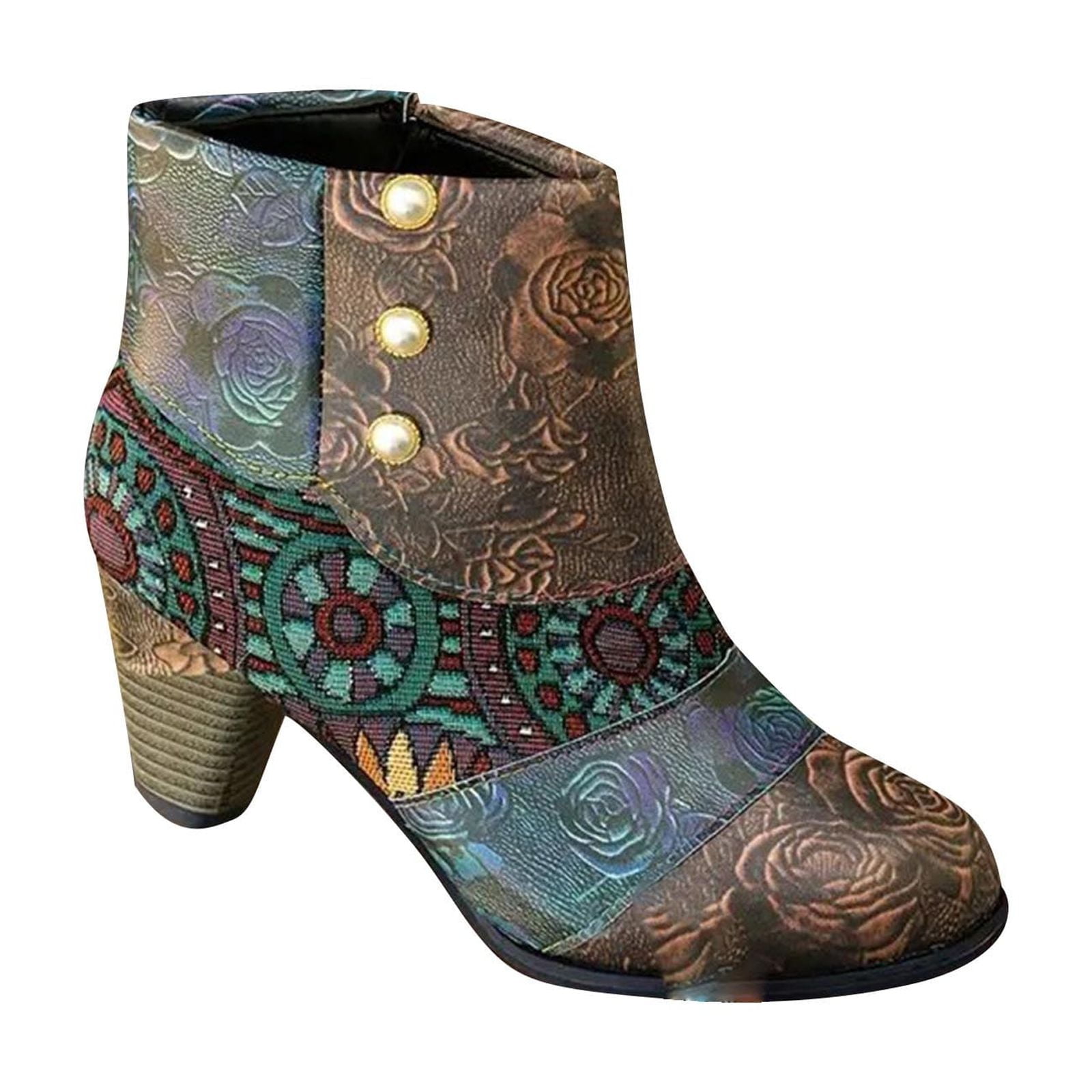 Brown Women S Big Size Ethnic Wind Heel Stitching Leather Boots With ...