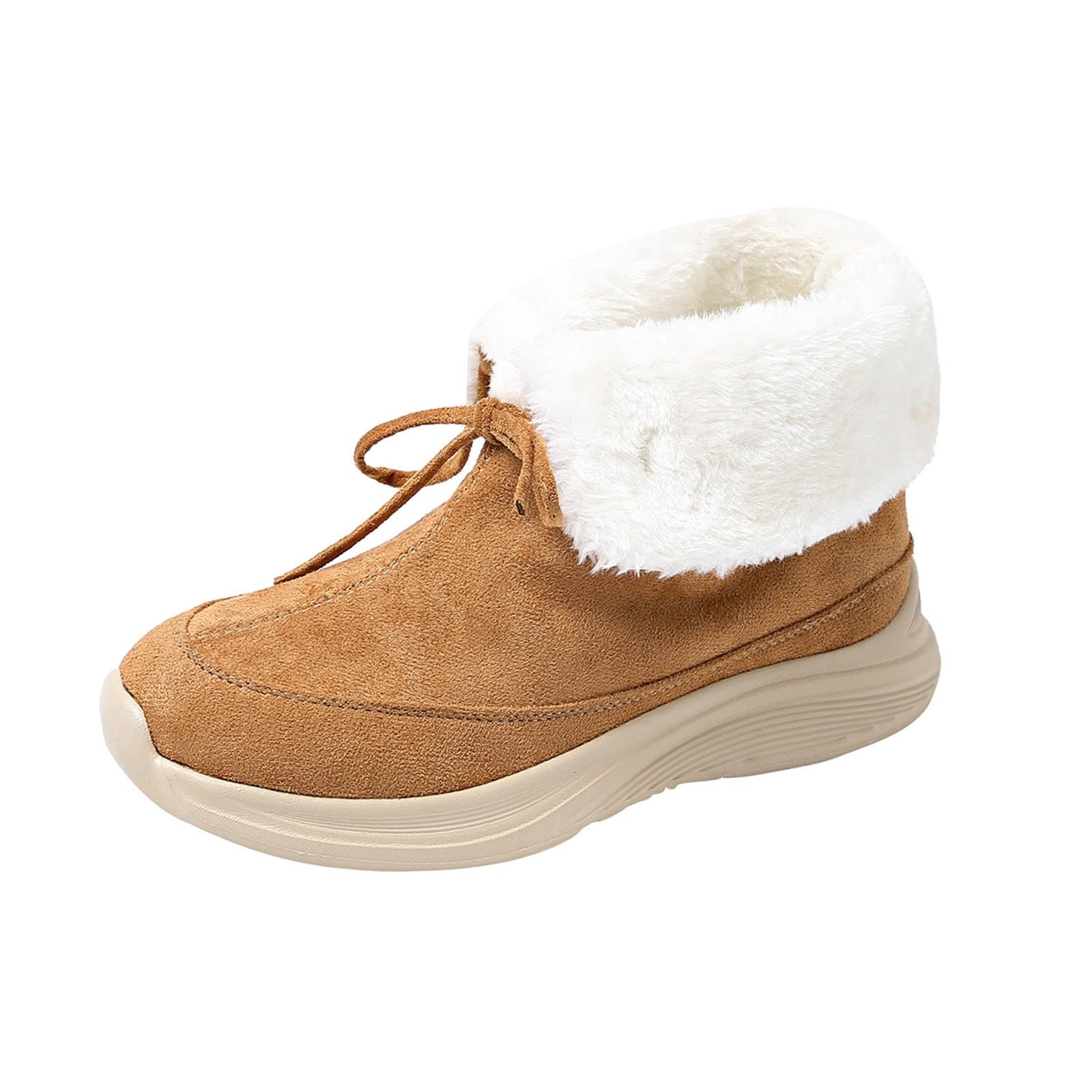 Brown Women'S Flat Ankle Boots With Lace-Up Round Toe Plush Fleece ...