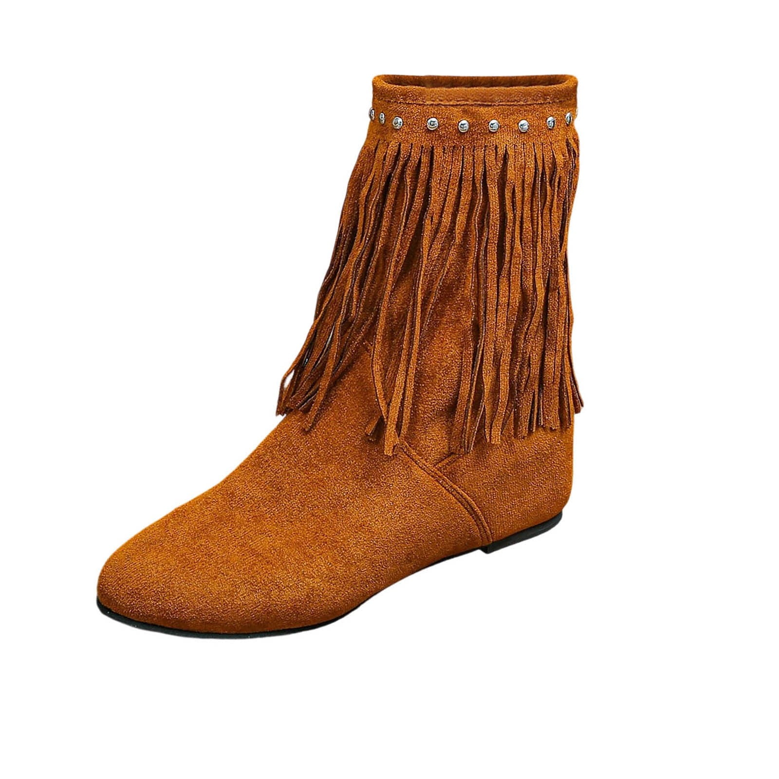 Brown Women'S Flat Mid-Calf Boots With Tassel Decoration, Side Zipper ...