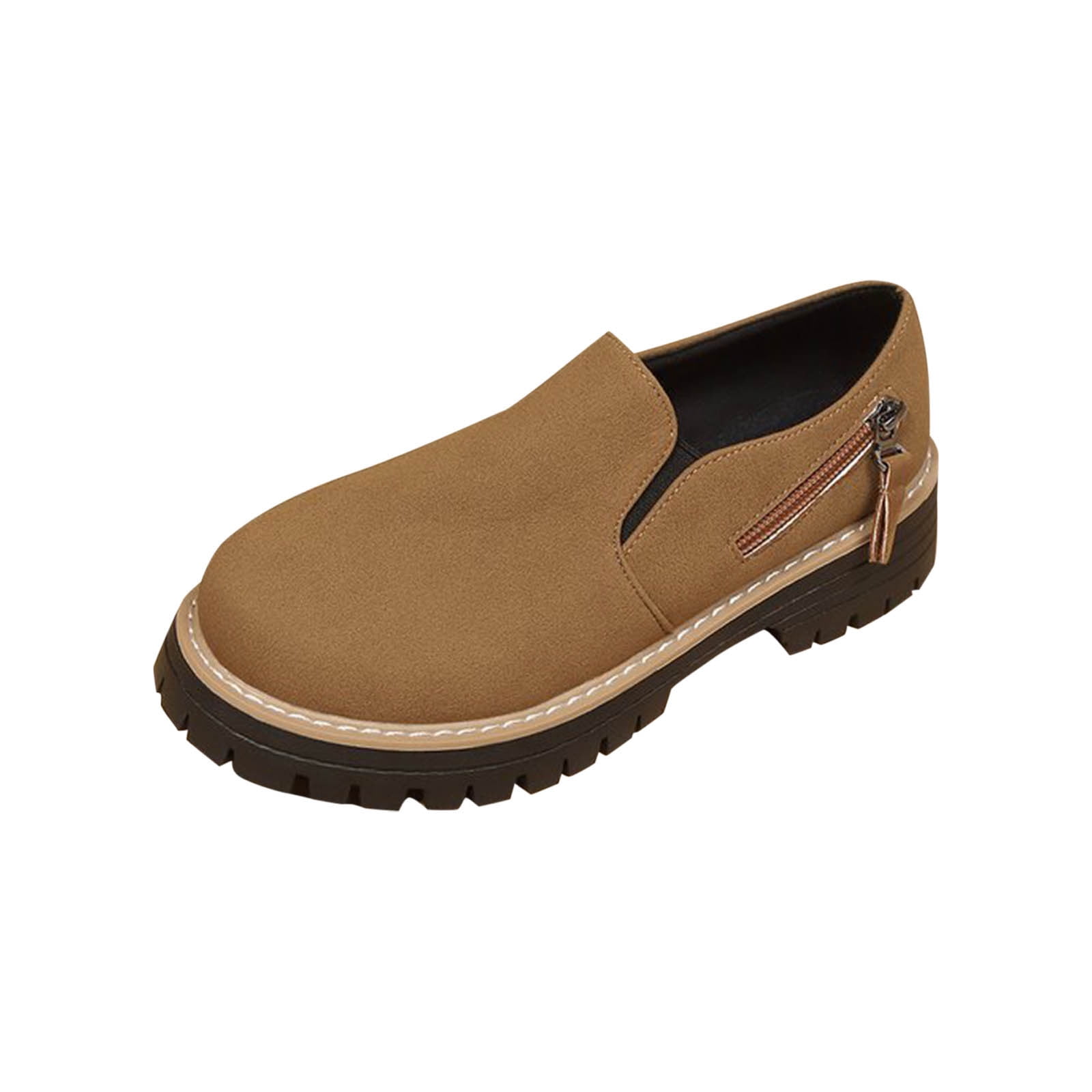 Brown Women'S Loafers Flat Shoes Casual Round Toe Shallow Slip On Thick ...