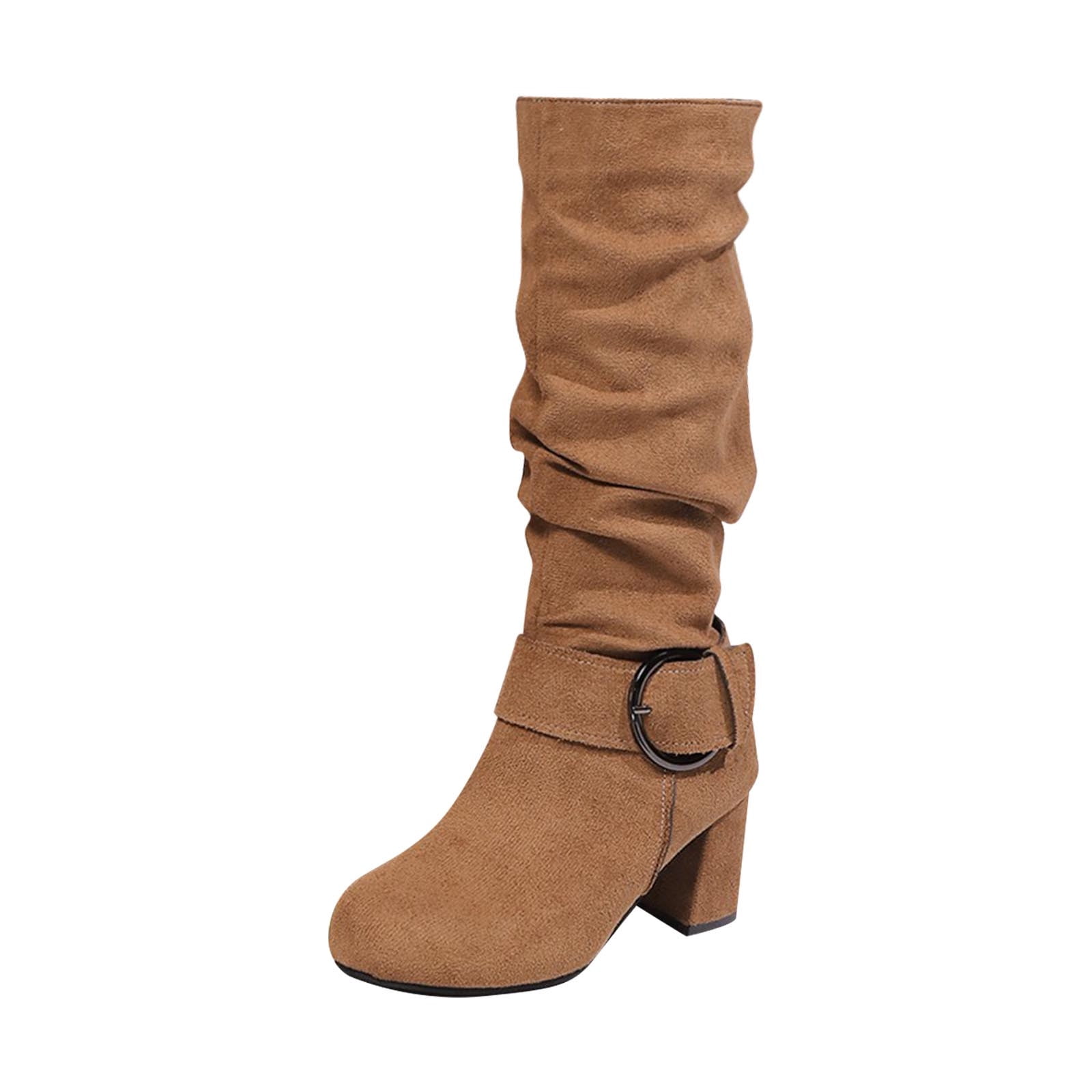 Brown Women'S Mid Calf Boots Round Toe Side Zipper Block Heel Buckle ...