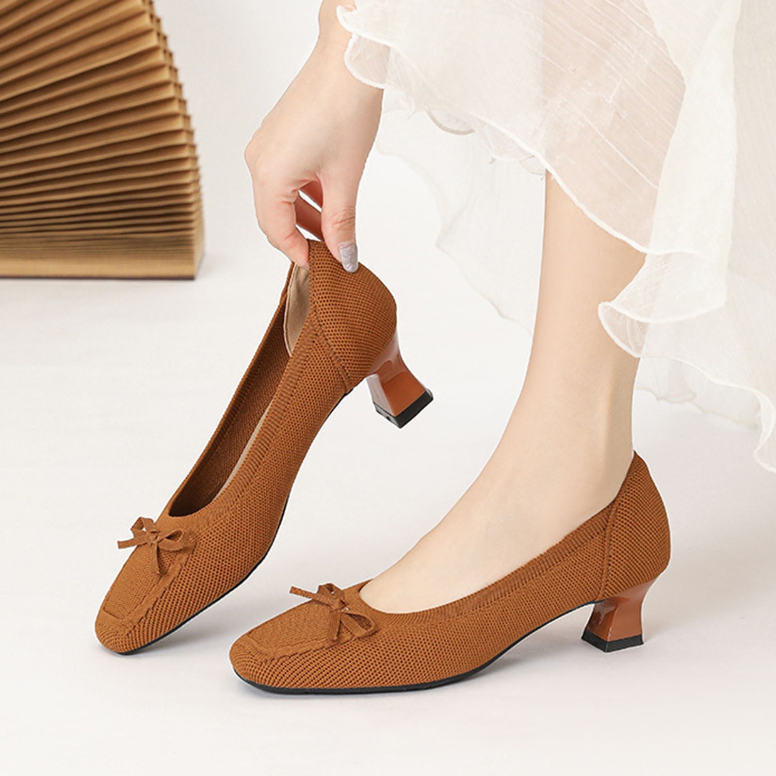 Brown Women'S Solid Color Bowknot Knit Square Toe Pumps Casual Chunky ...