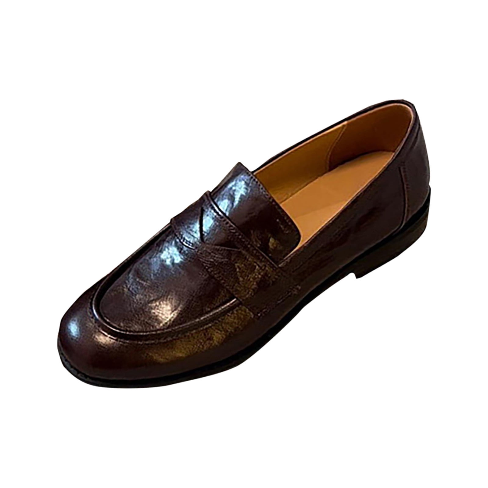 Brown Women'S Thick Heel Flat Sole Loafers Slip-On Shoes English Style ...