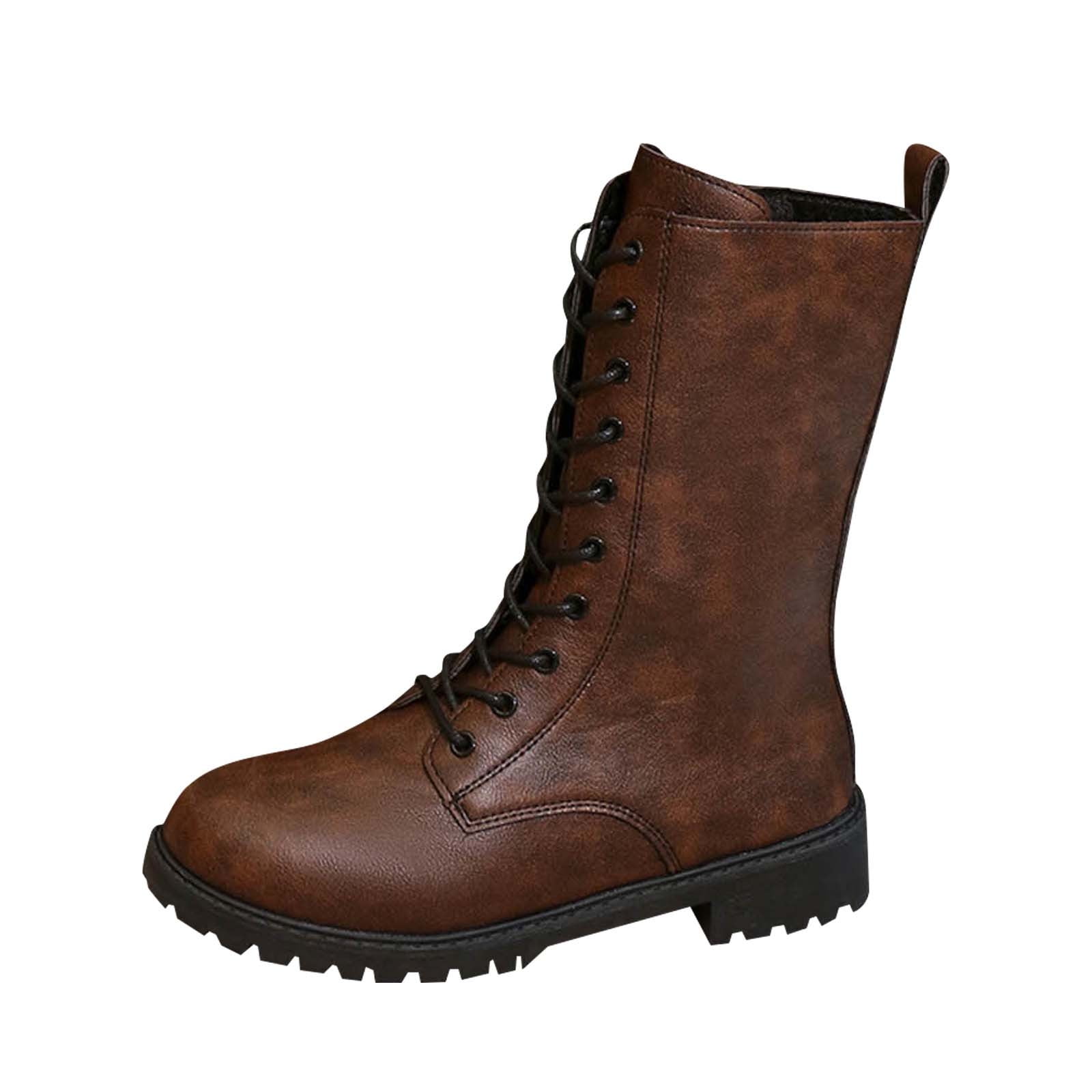 Brown Women Side Zipper Boots Round Toe Low Heel Comfortable Walking ...