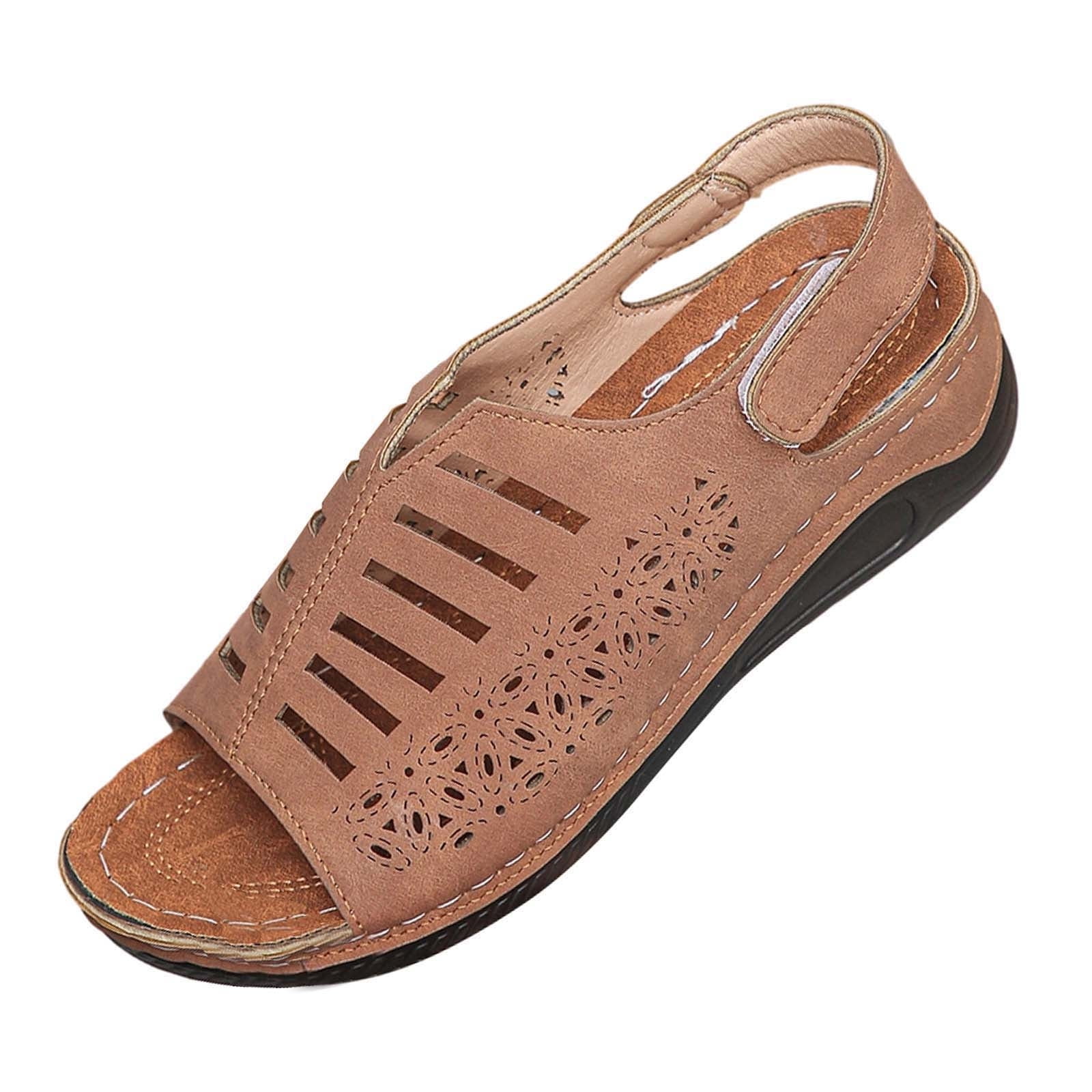 Brown Women Spring Summer Slope Heel Sandals Solid Color Hollow ...