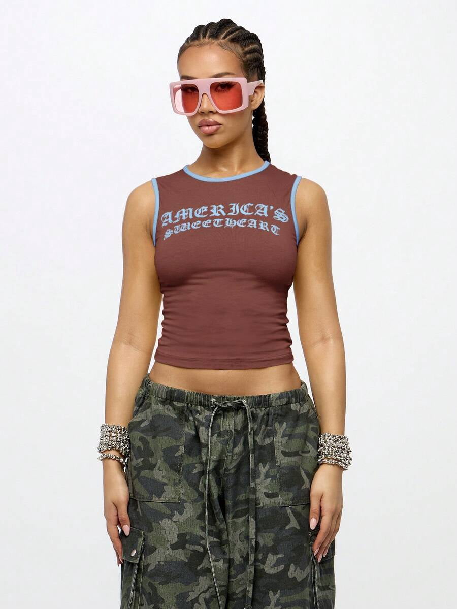 Brown Women Streetwear Cropped Tank Top Sleeveless Graphic Print Y2K ...