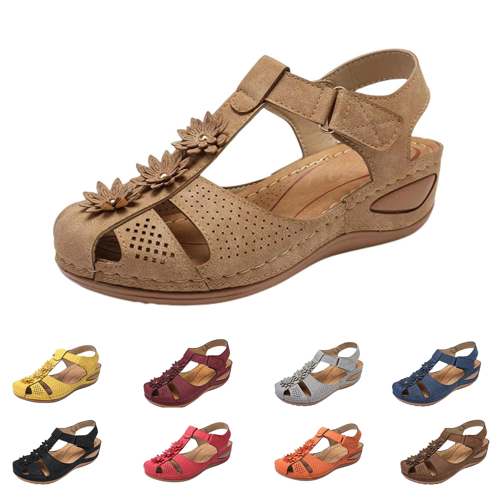 Brown Women's Floral Wedge Sandals, Adjustable Hook-and-Loop Breathable ...