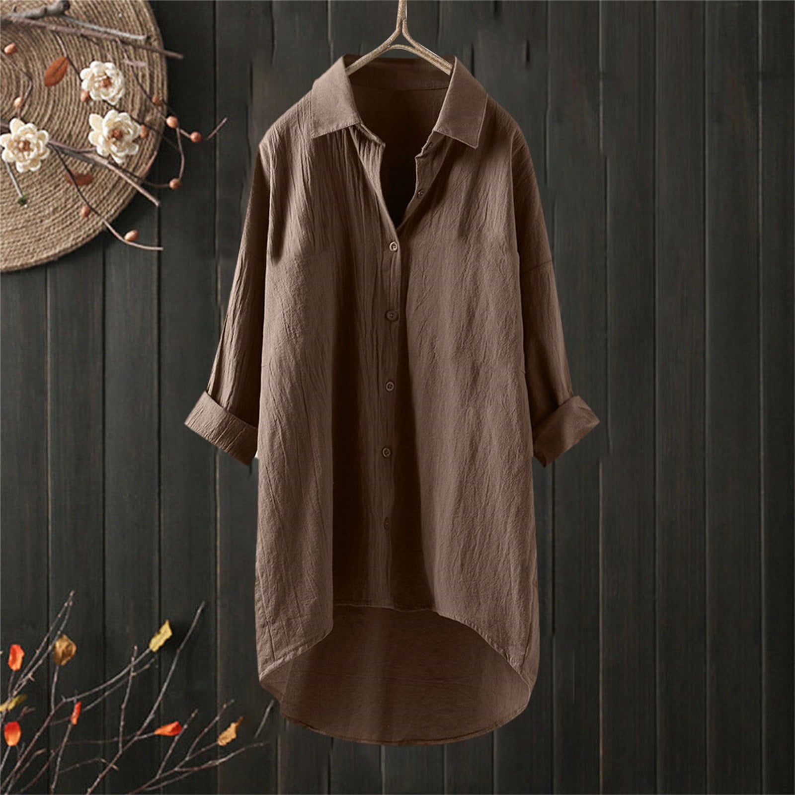 Brown Women's Long Sleeve T-shirt, Women'S Casual Linen Blouses Tops ...