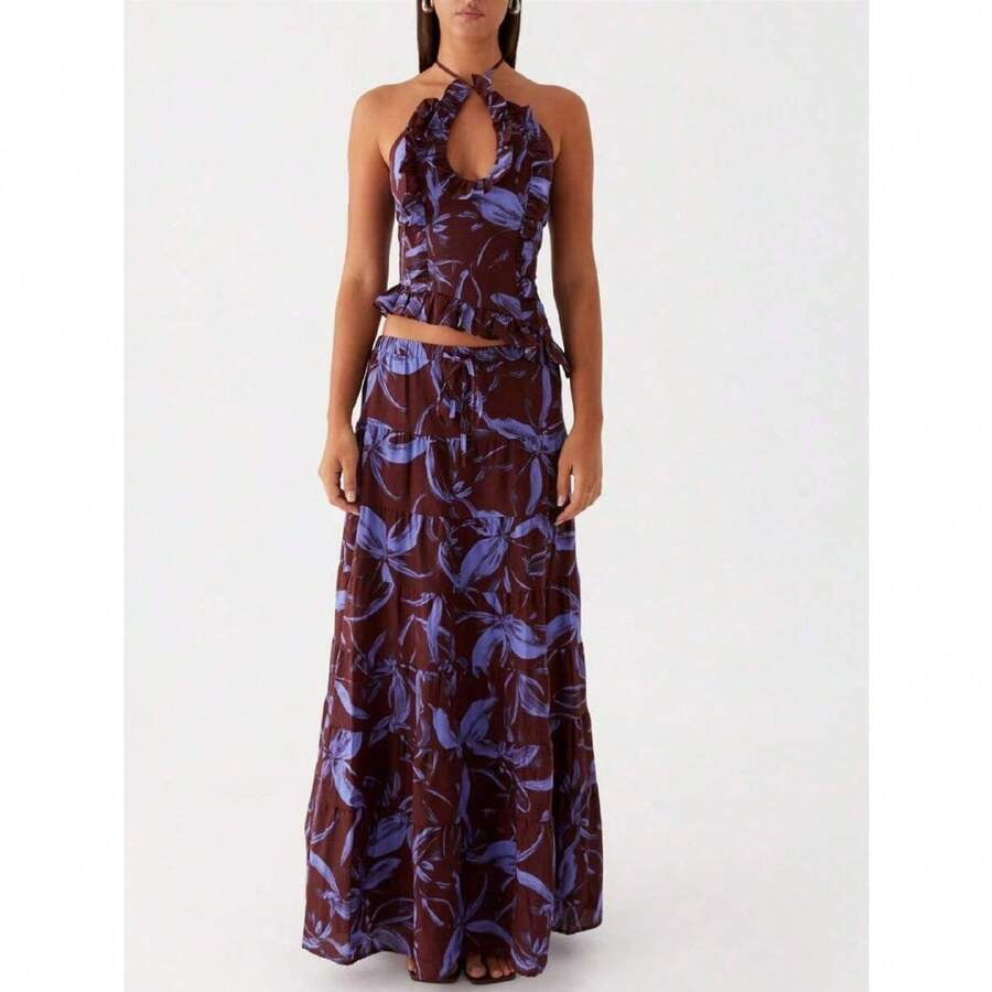 Brown Womens 2-Piece Maxi Skirt Set Halter Neck Ruffled Crop Top With ...