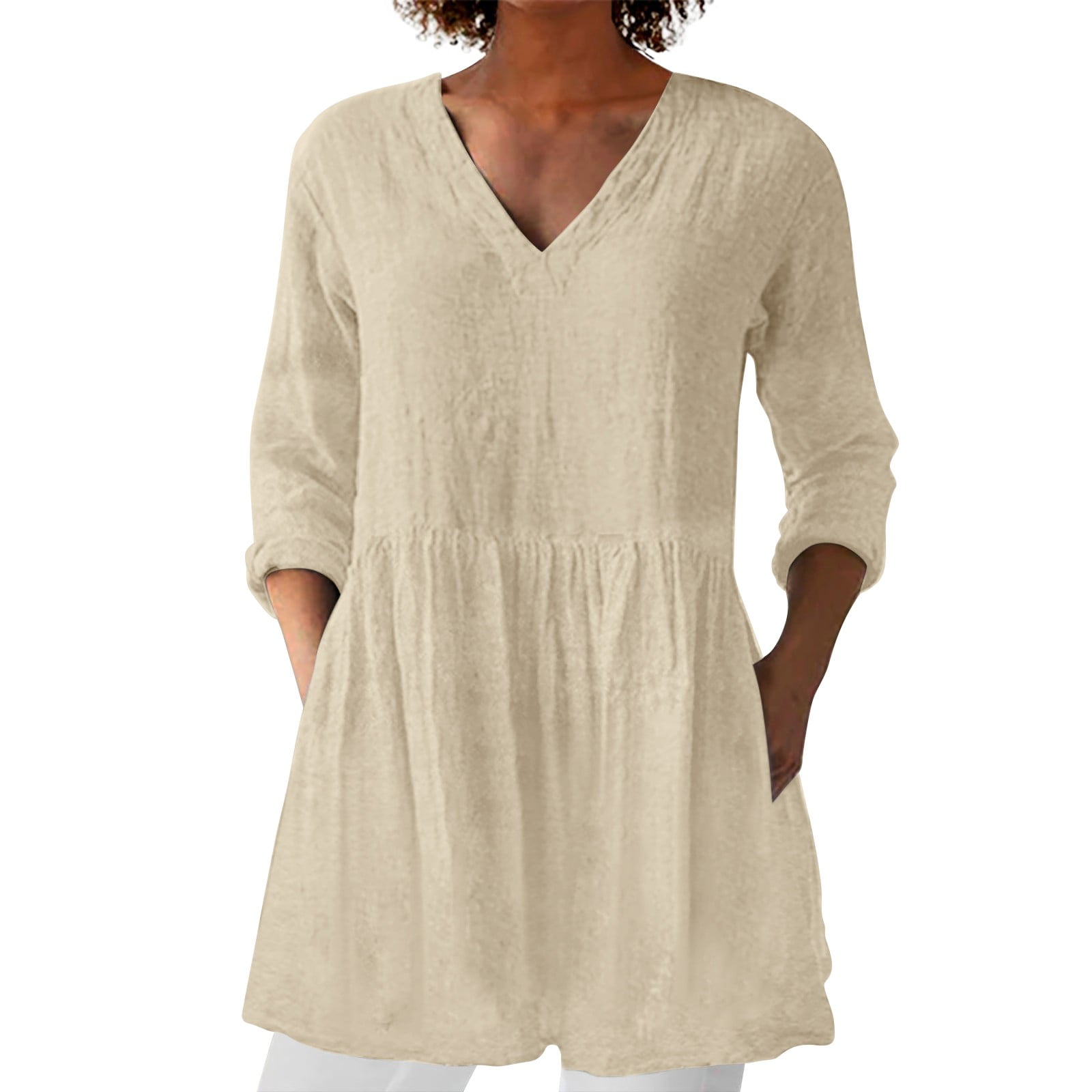 Brown Womens Blouses Women's Spring and Summer New Cotton and V Neck ...