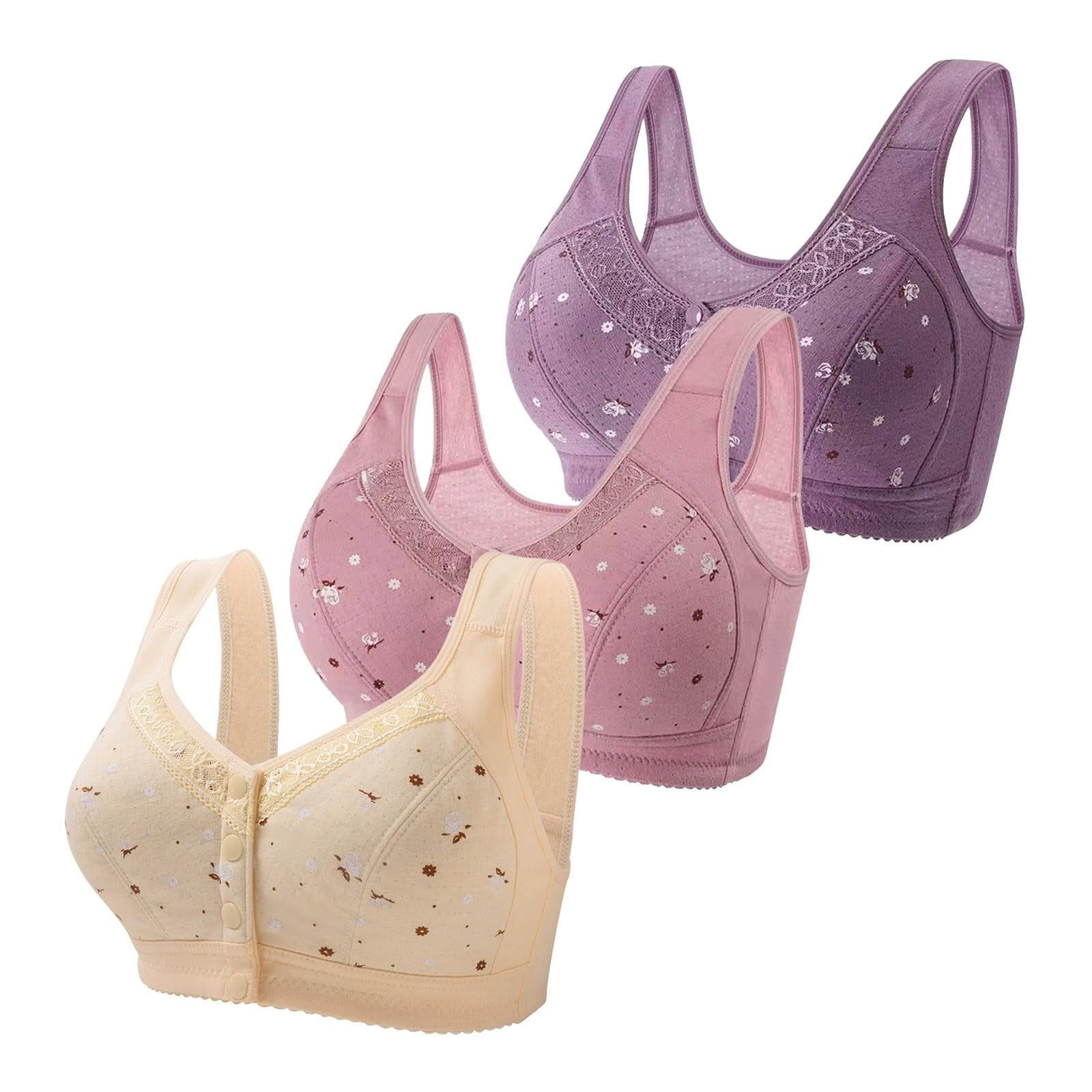 Brown Womens Bras 3 Pack Daisy Bras for Older Women 2024 Front Close Button Cotton Bras ...