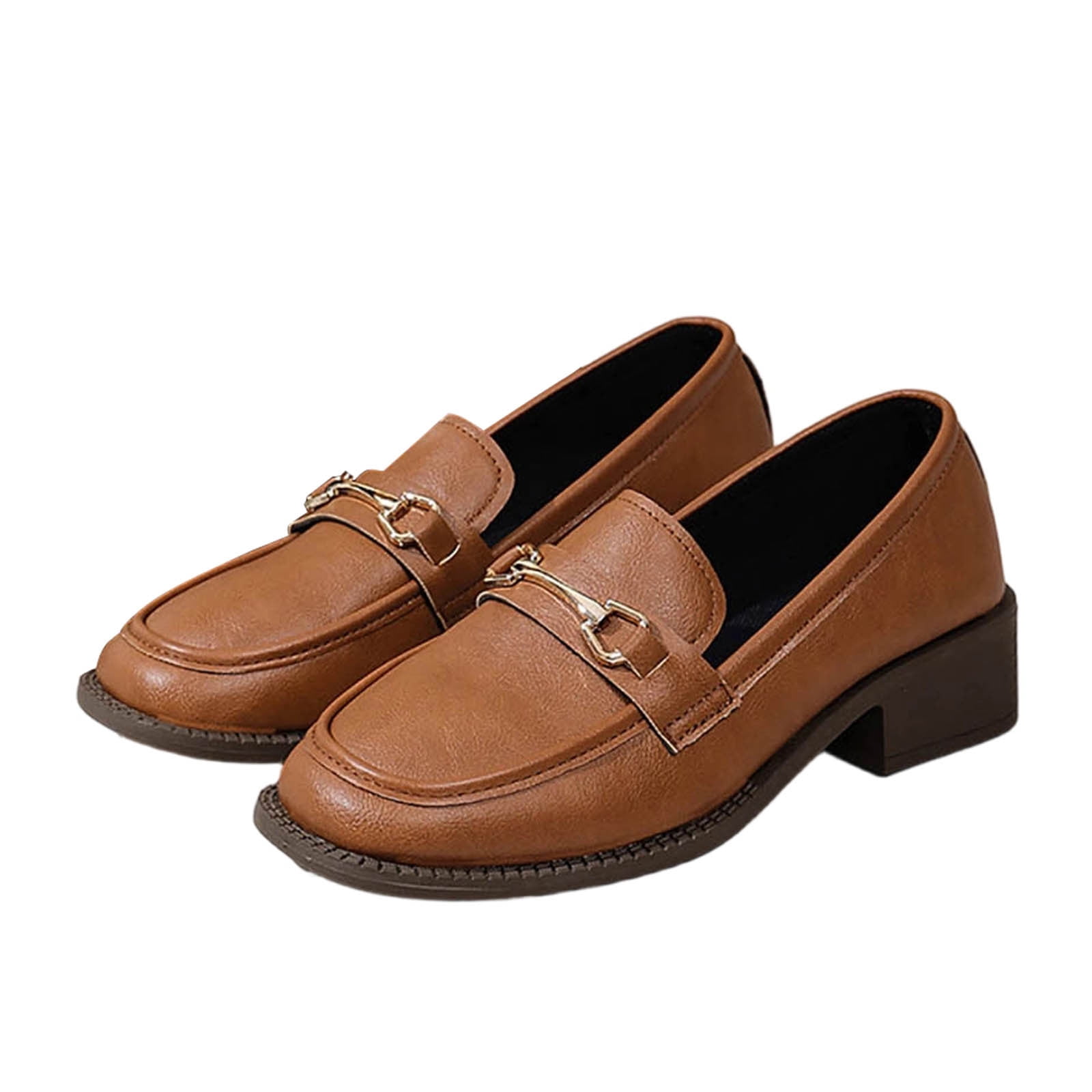 Brown Womens Casual Mid Heel Loafers With Thick Sole And Chain Detail ...