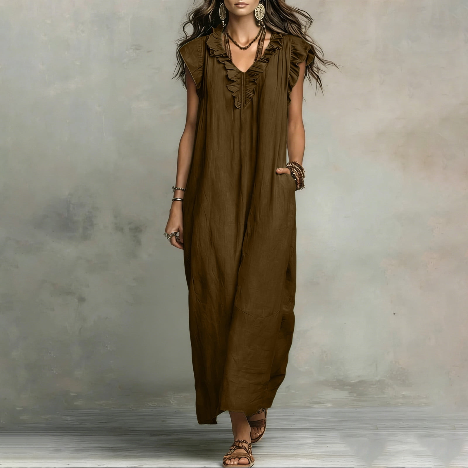 Brown Womens Crewneck Lounge Dresses for Women Cap Sleeve Plain Long ...