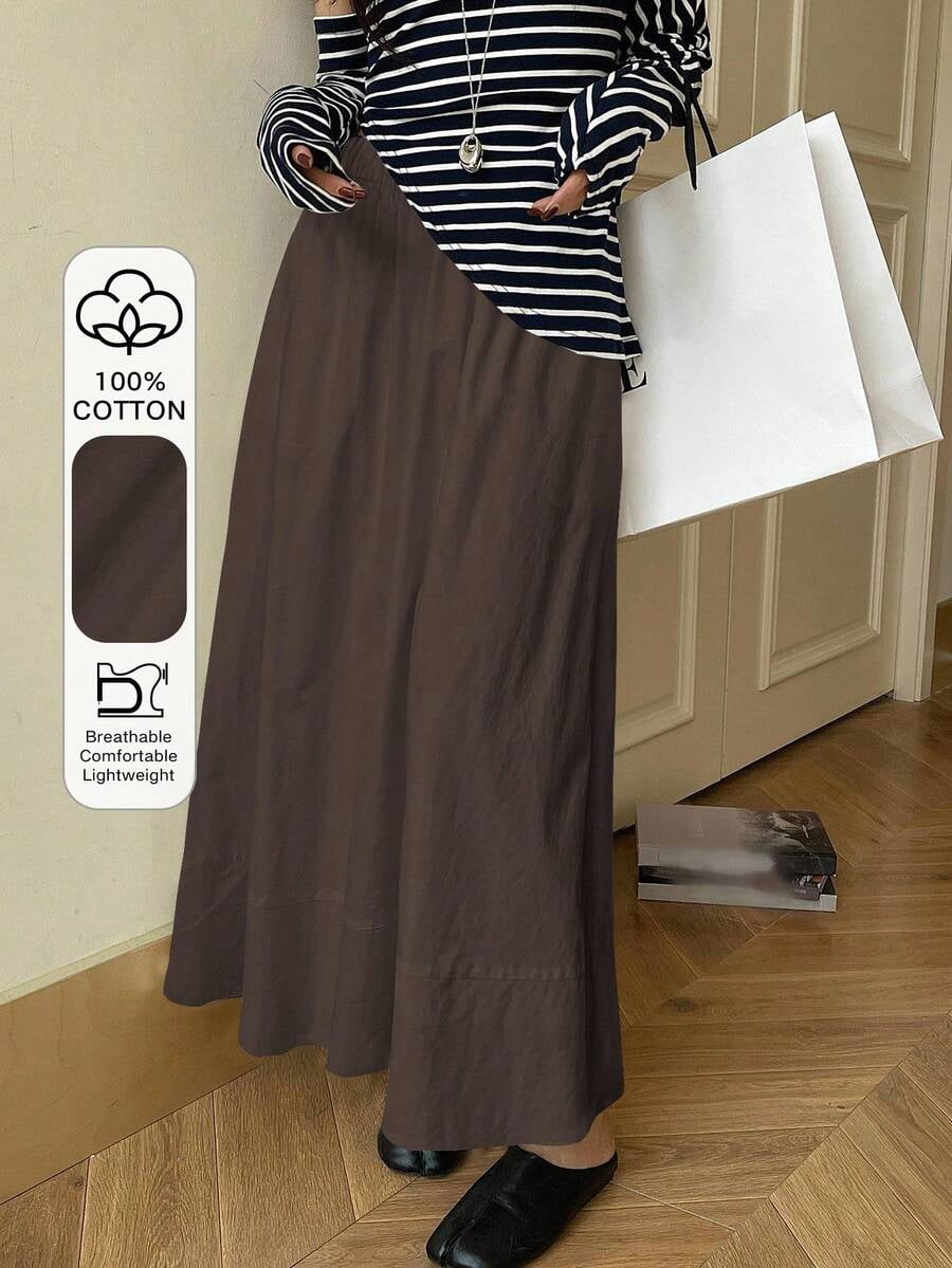 Brown Womens Elastic Waist Flowing Maxi Skirt Casual Lightweight 100% ...