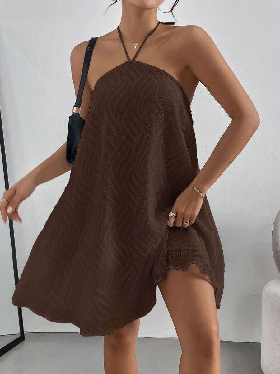 Brown Womens Halter Neck Backless A-Line Mini Dress For Casual Vacation ...