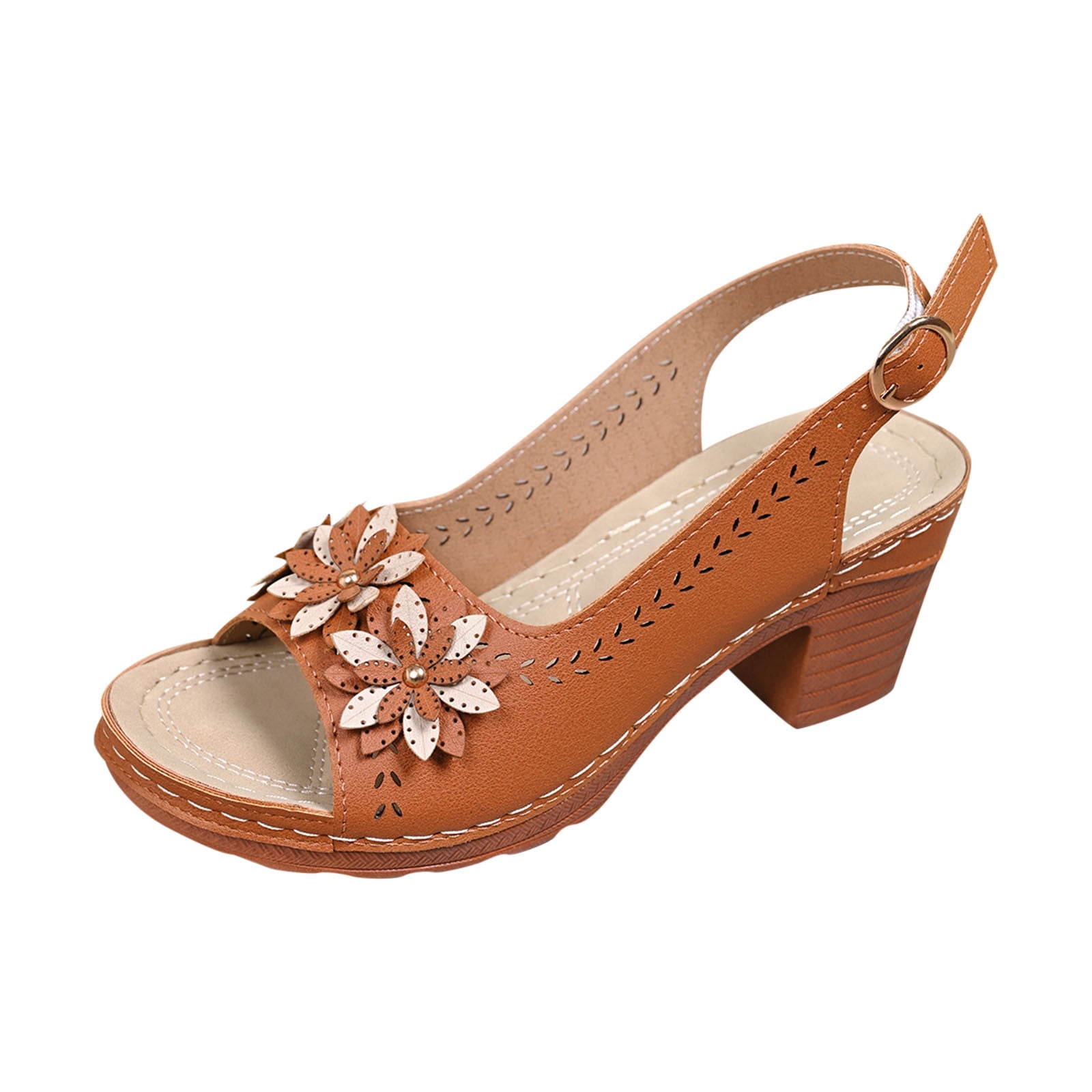 Brown Womens Heeled Sandals Peep Toe Cutout Floral Detail Block Heel ...