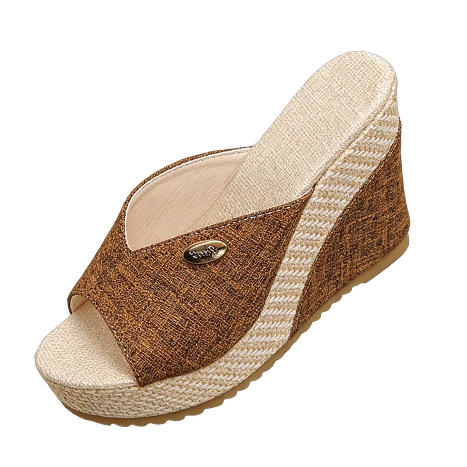 Brown Womens High Heel Slippers Round Toe Spring Summer Versatile ...