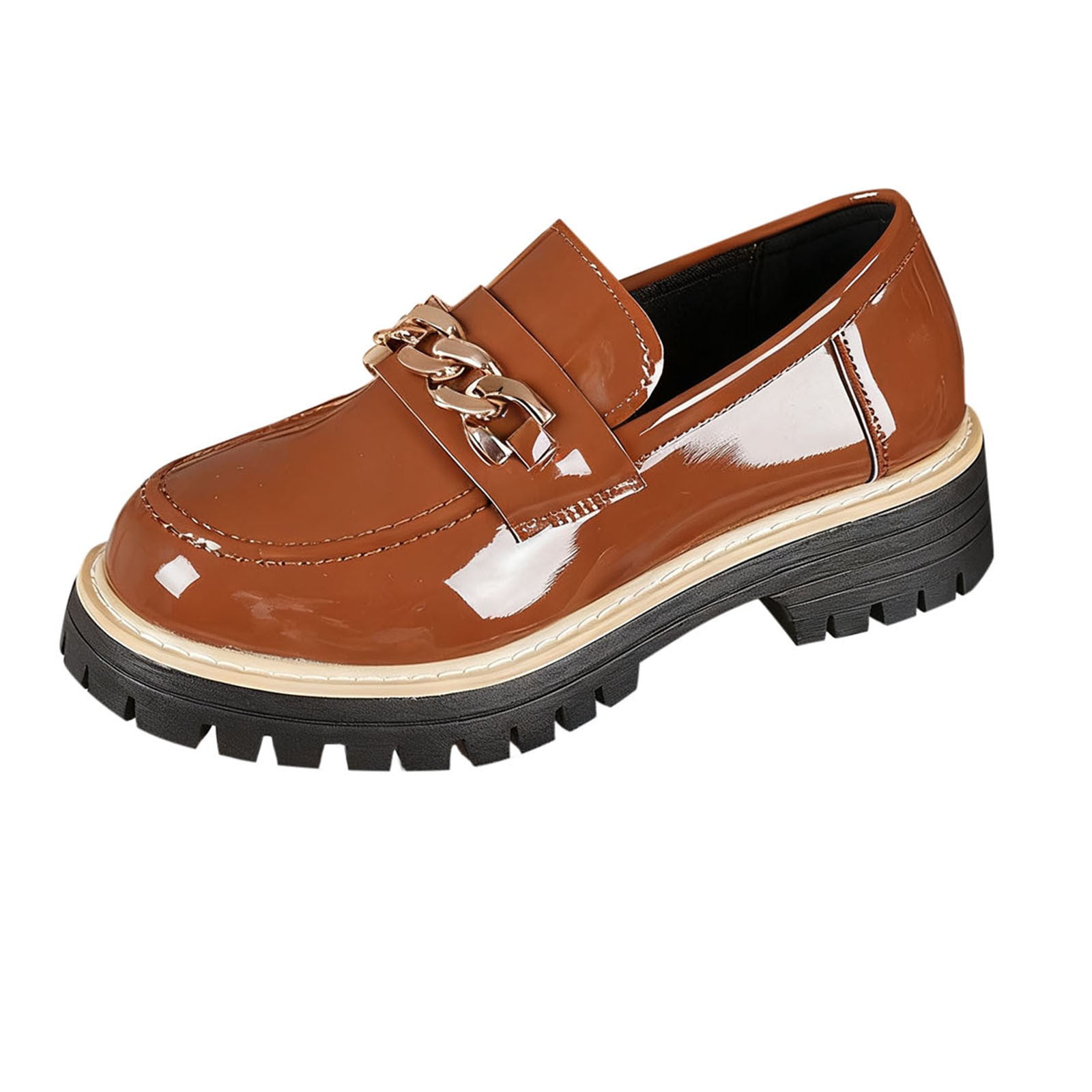 Brown Womens Leather Shoes Solid Round Toe Chain Decor British Style ...