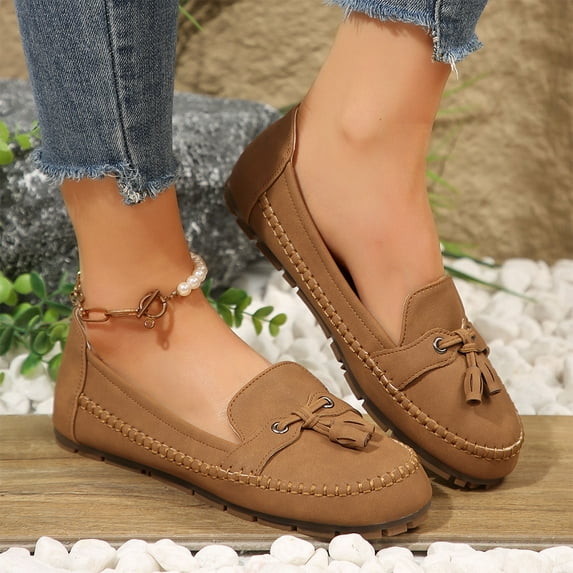 Brown Womens Loafers Fringe Trim Flat Shoes Stylish Casual Lightweight ...