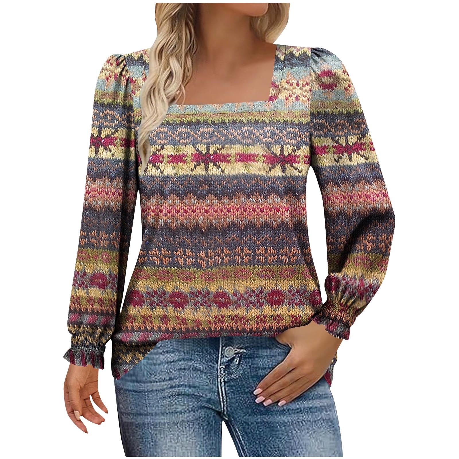 Brown Womens Long Puff Sleeve Tops Graphic Loose Fit Blouses for Women ...