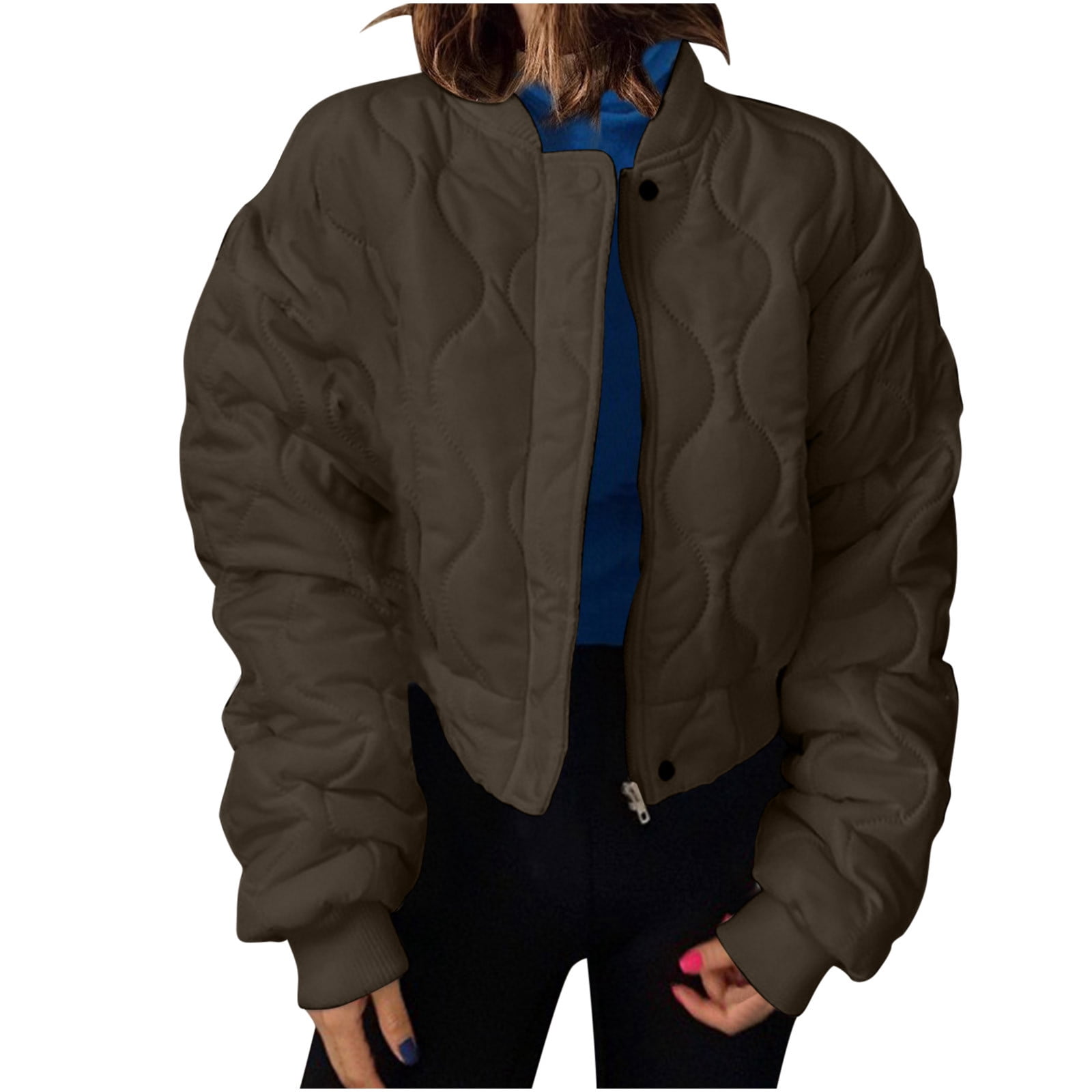 Brown Womens Long Sleeve Baseball Loose Fit Puffer Jackets Coat for ...
