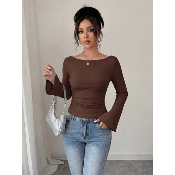 Brown Womens Long Sleeve Ribbed Crop Top With Boat Neck And Bell ...