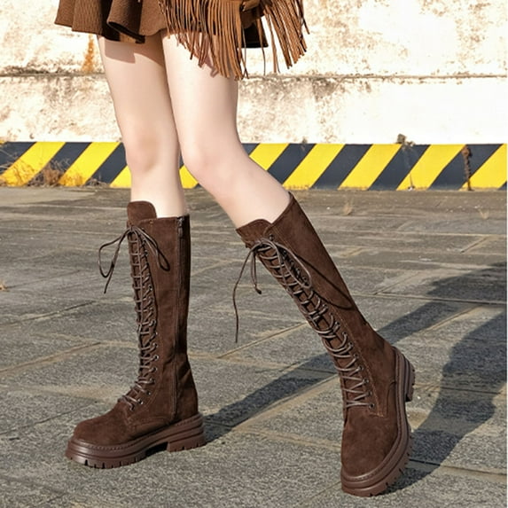 Brown Womens Mid Calf Boots Low Heel Fall Winter Suede Lace Up Block ...