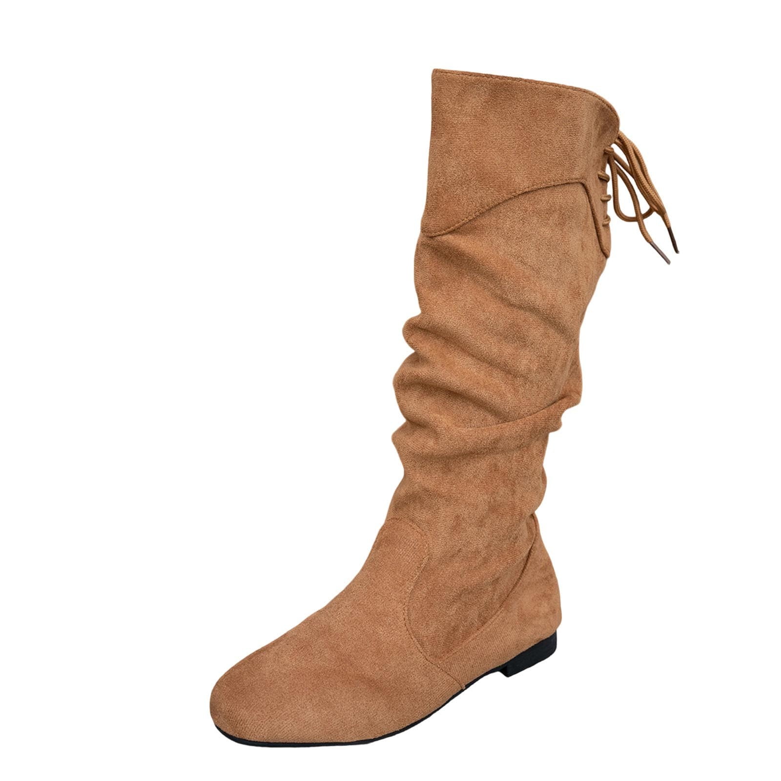 Brown Womens Mid Calf Boots Solid Retro Back Lace-Up Low Heel ...