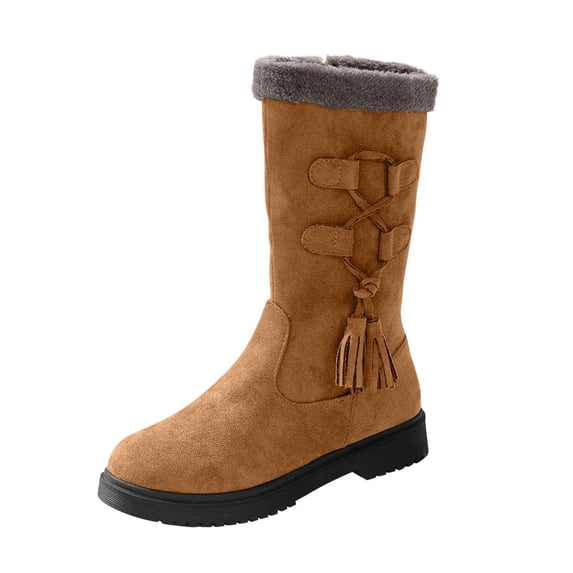 Brown Womens Mid Calf Winter Snow Boots Round Toe Flat Bottom Plush ...