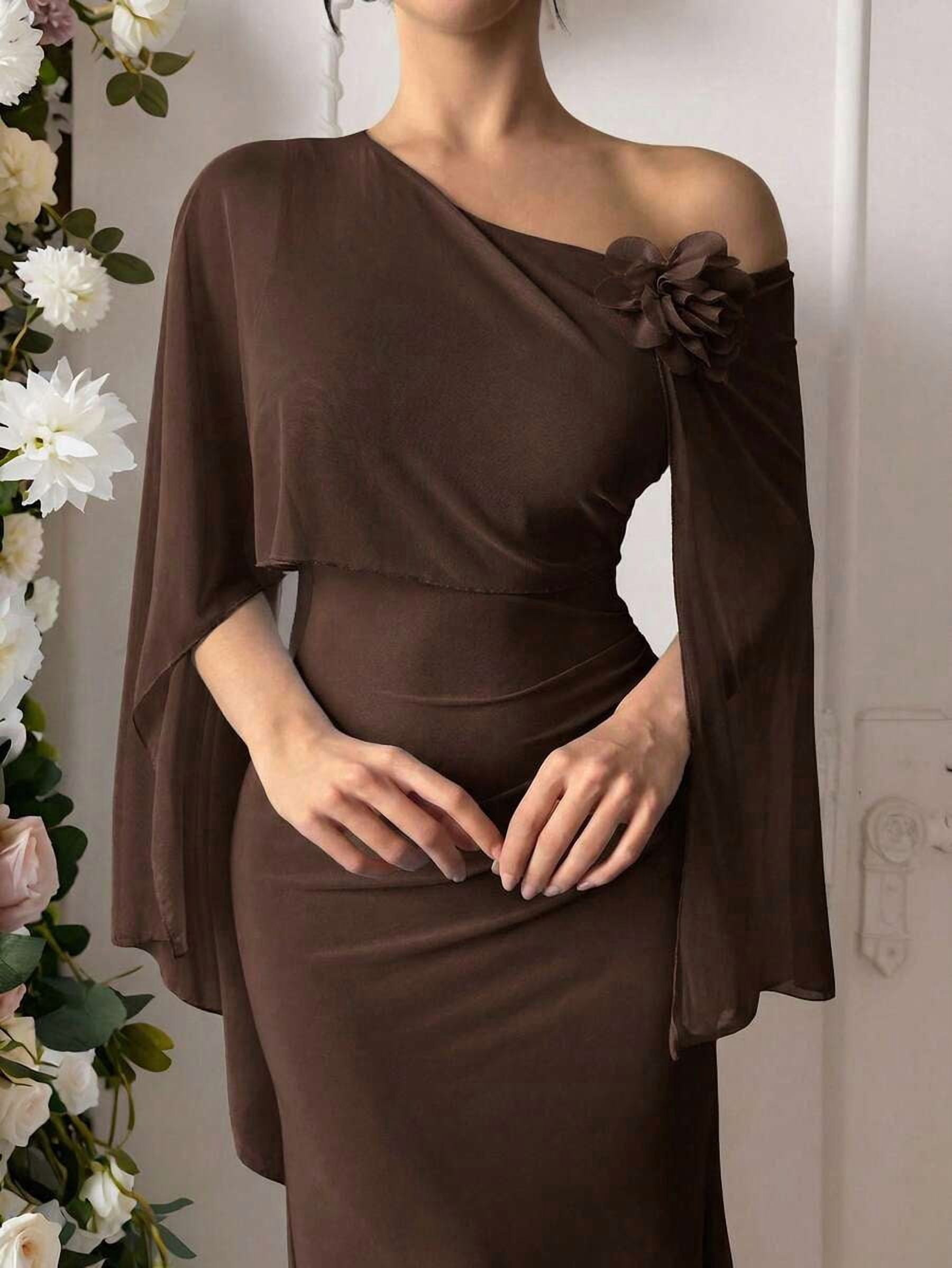 Brown Womens One-Shoulder Ruched Mesh Wrap Dress With Floral ...