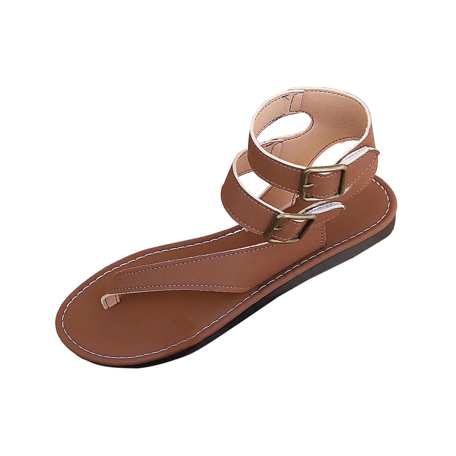 Brown Womens Open Toe Roman Flat Thong Buckle Sandals Plus Size ...