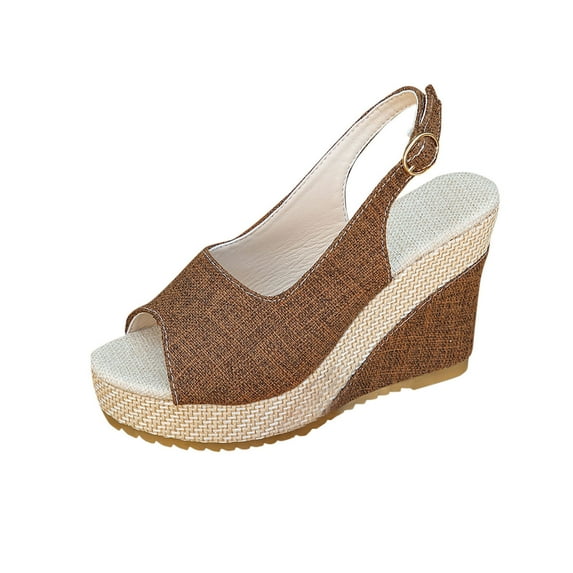 Brown Womens Peep Toe Open Toe One Strap Buckle Wedge Sandals Wedge ...