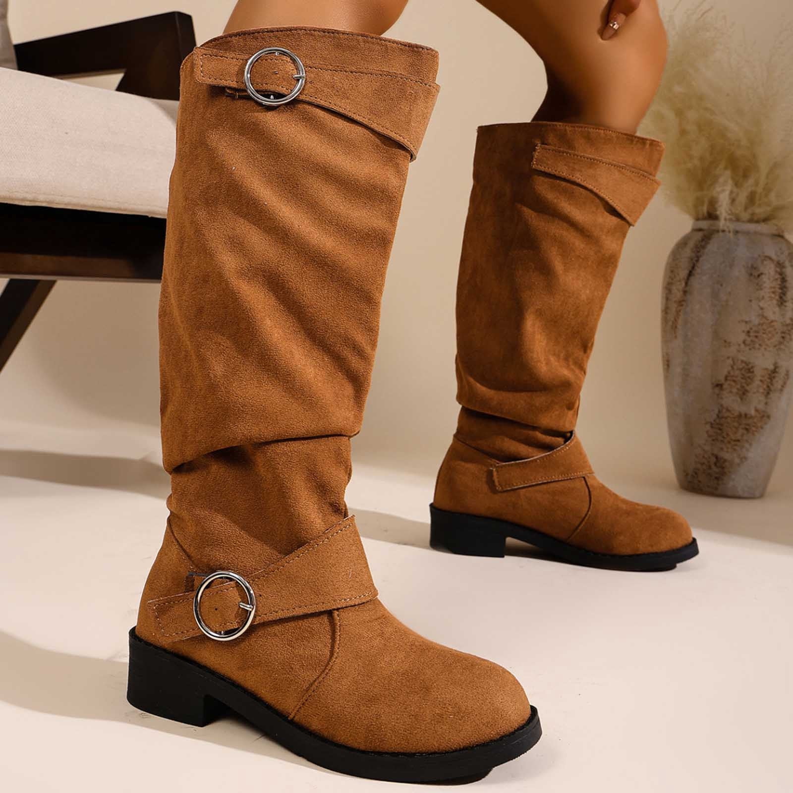 Brown Womens Pile Lined Boots Round Toe Buckle Detail Solid Color Knee ...
