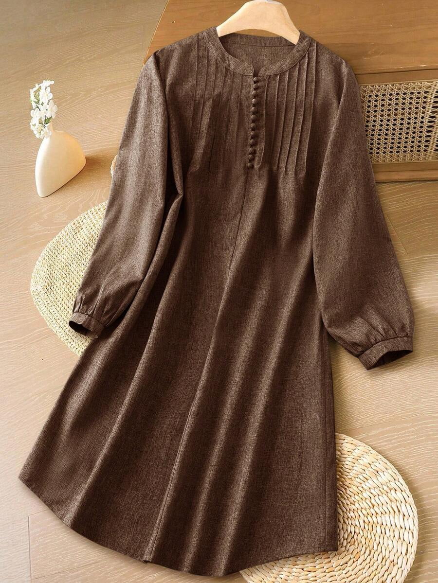 Brown Womens Round Neck Long Sleeve Pleated Loose Tunic Mini Dress ...