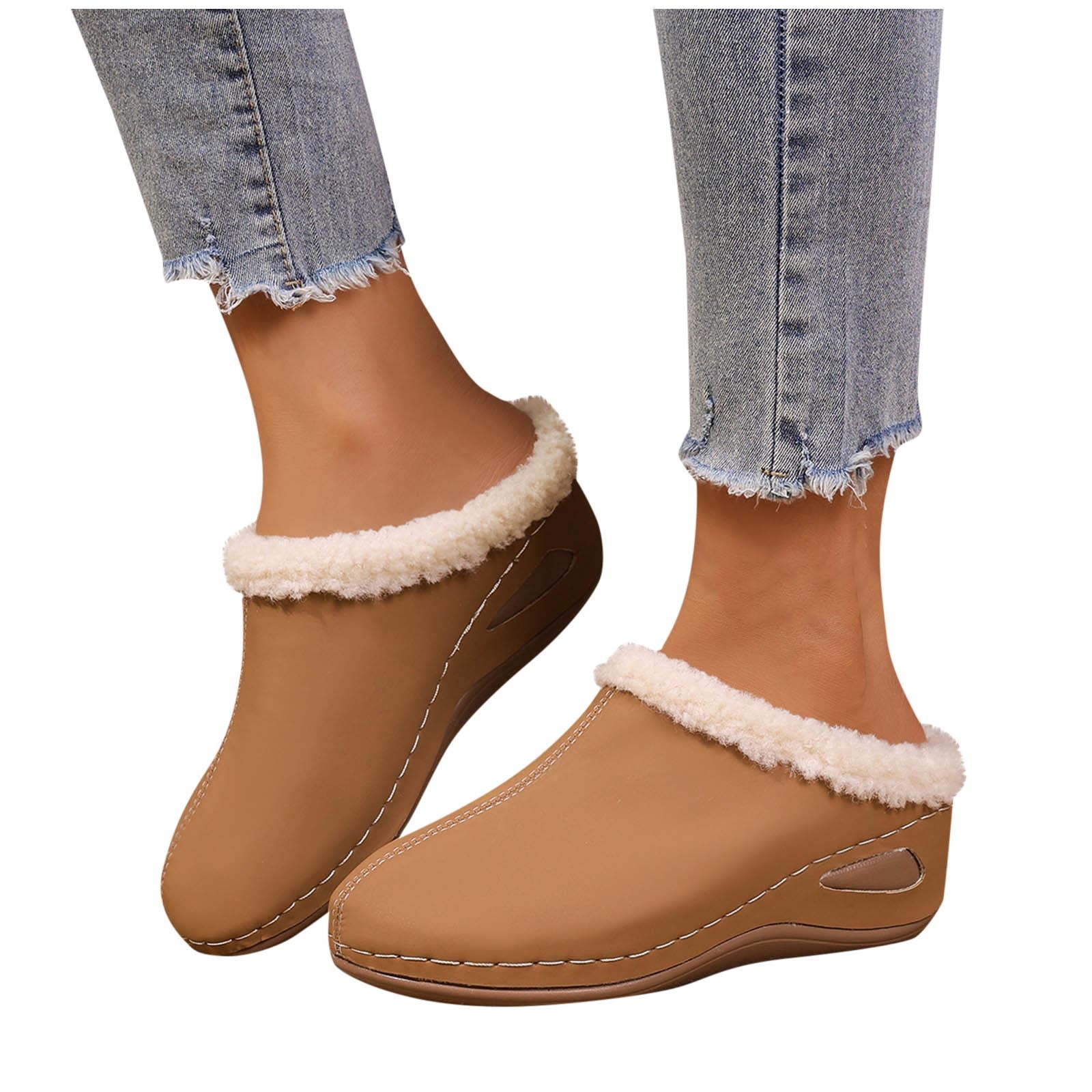 Brown Womens Slippers One Strap Wedge Heel Lined Warm Plus Size Casual ...
