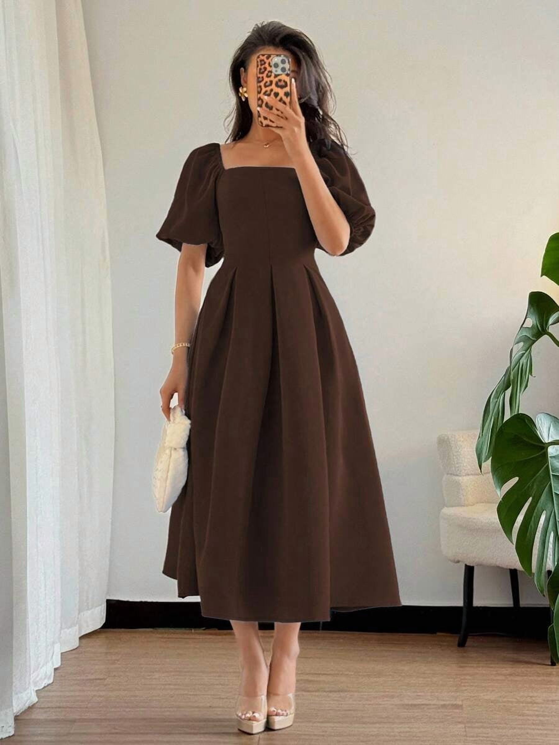 Brown Womens Square Neck Puff Sleeve Pleated Midi Dress For Office ...