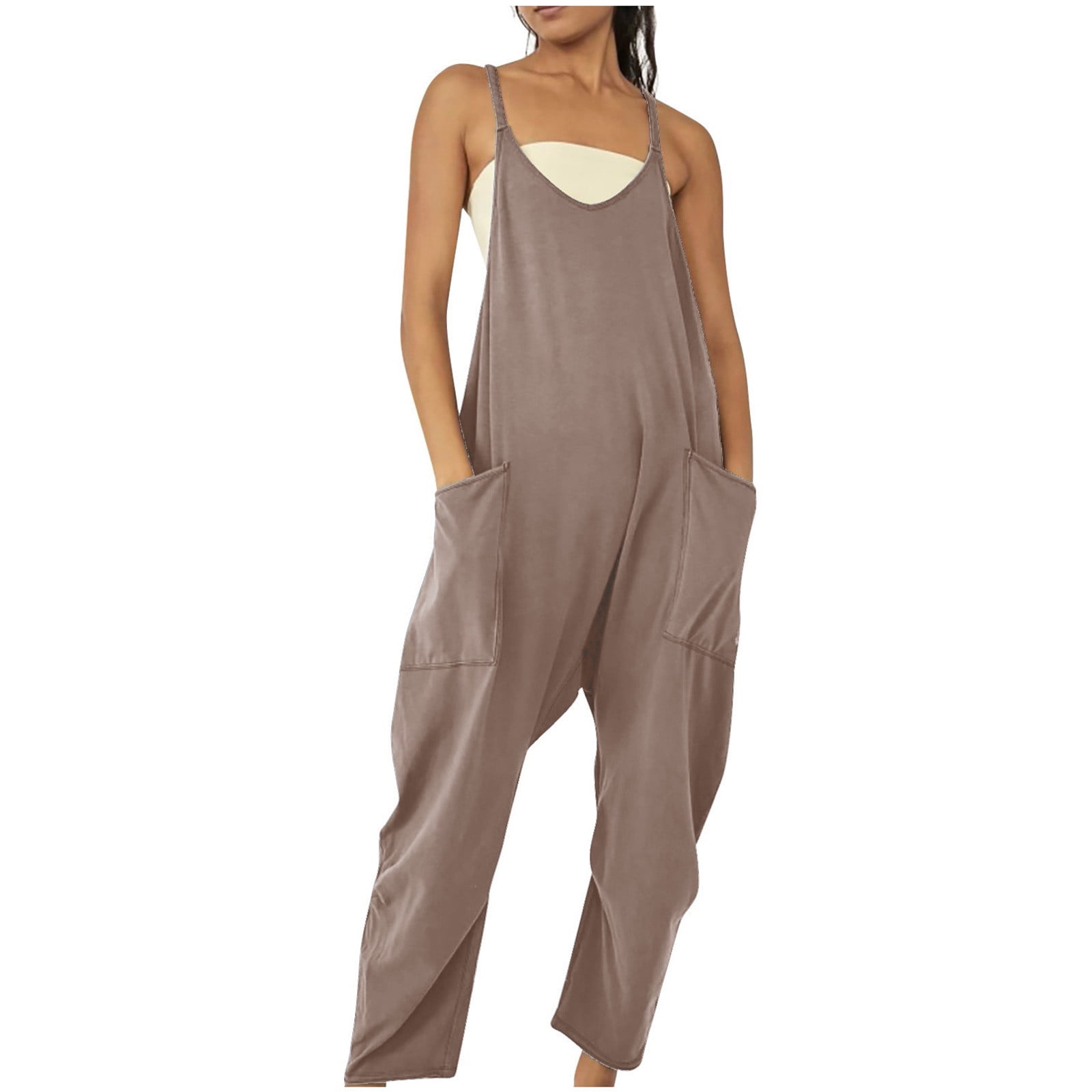 Brown Womens Straight Leg Basic Long Leg Overalls Loose Fit Coveralls ...