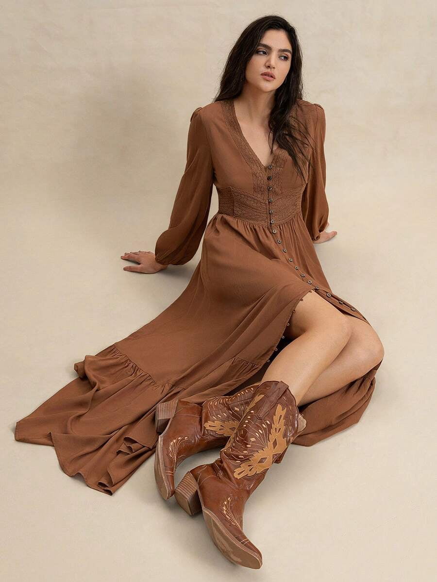 Brown Womens V-Neck Lace Insert Long Sleeve Maxi Dress With Button ...