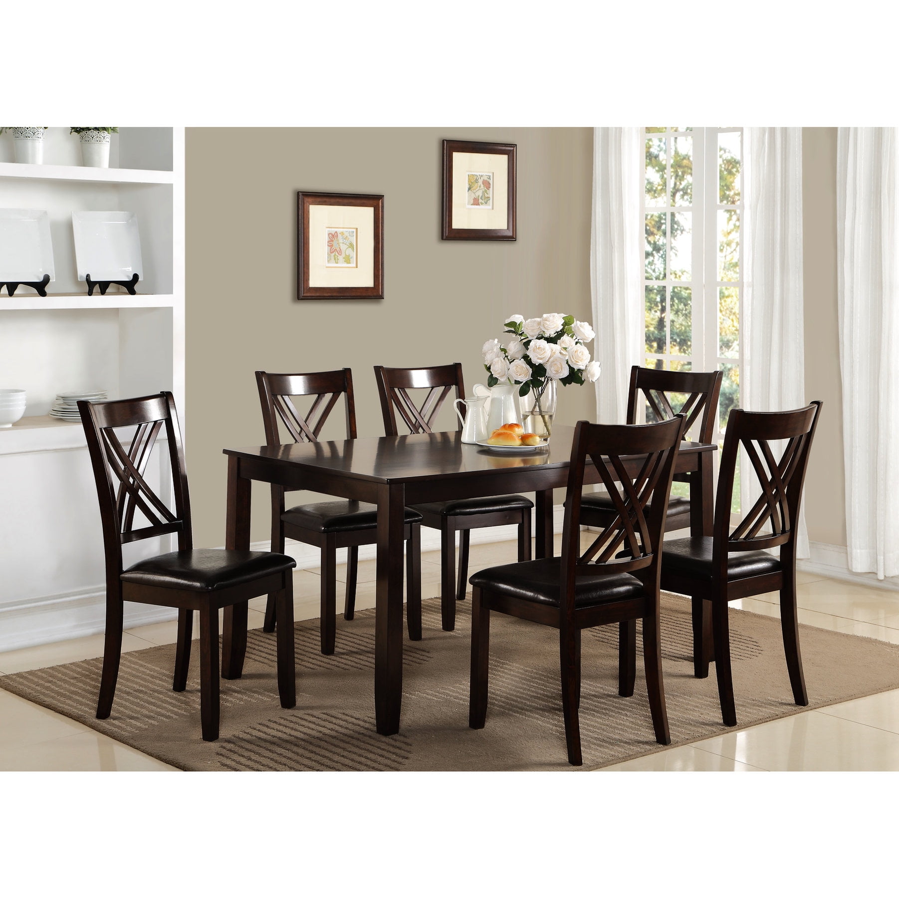 Brown Wood 7-Pc Set - Fixed Table, Comfortable Upholstered Seats ...