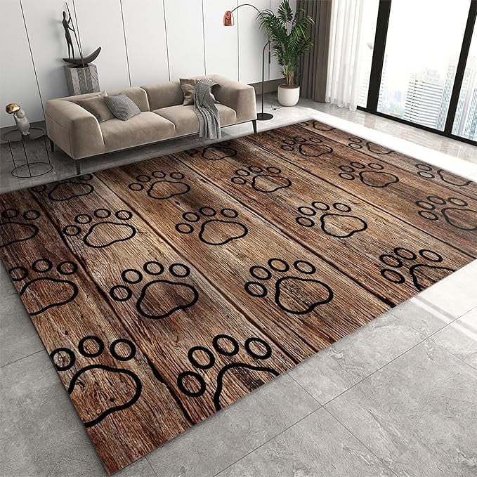 Brown Wood Board Texture Area Rug, Black Dog Paw Print Front Entrance ...