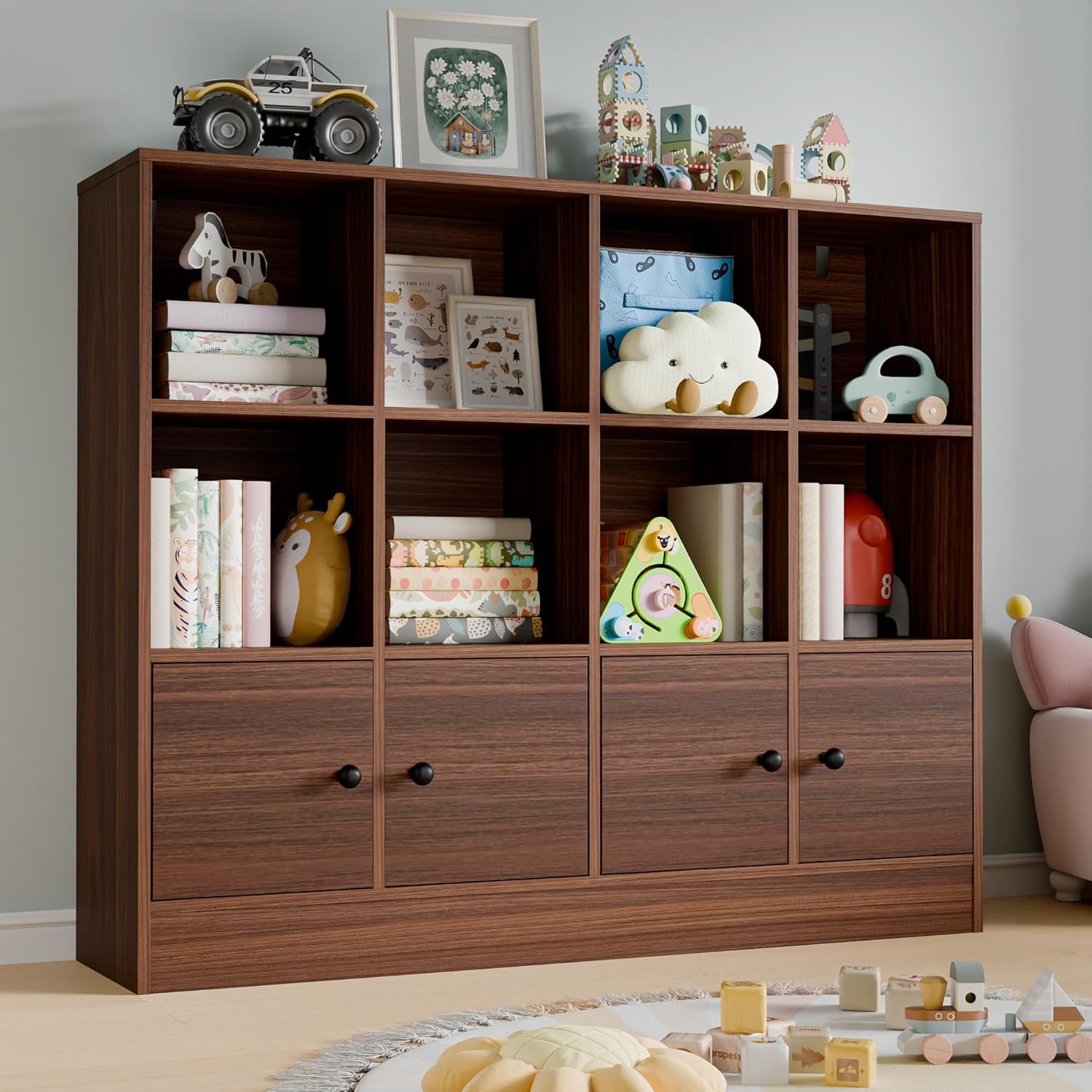 Brown Wood Bookcase,12 Cube Storage Organizer Bookshelf with 4 Doors,3 ...