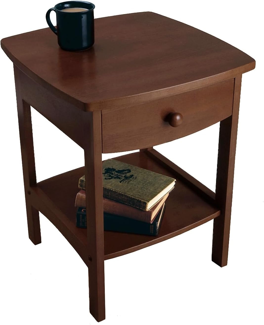 Brown Wood Curved End Table, 22"x18"x18" — Nightstand with Single ...