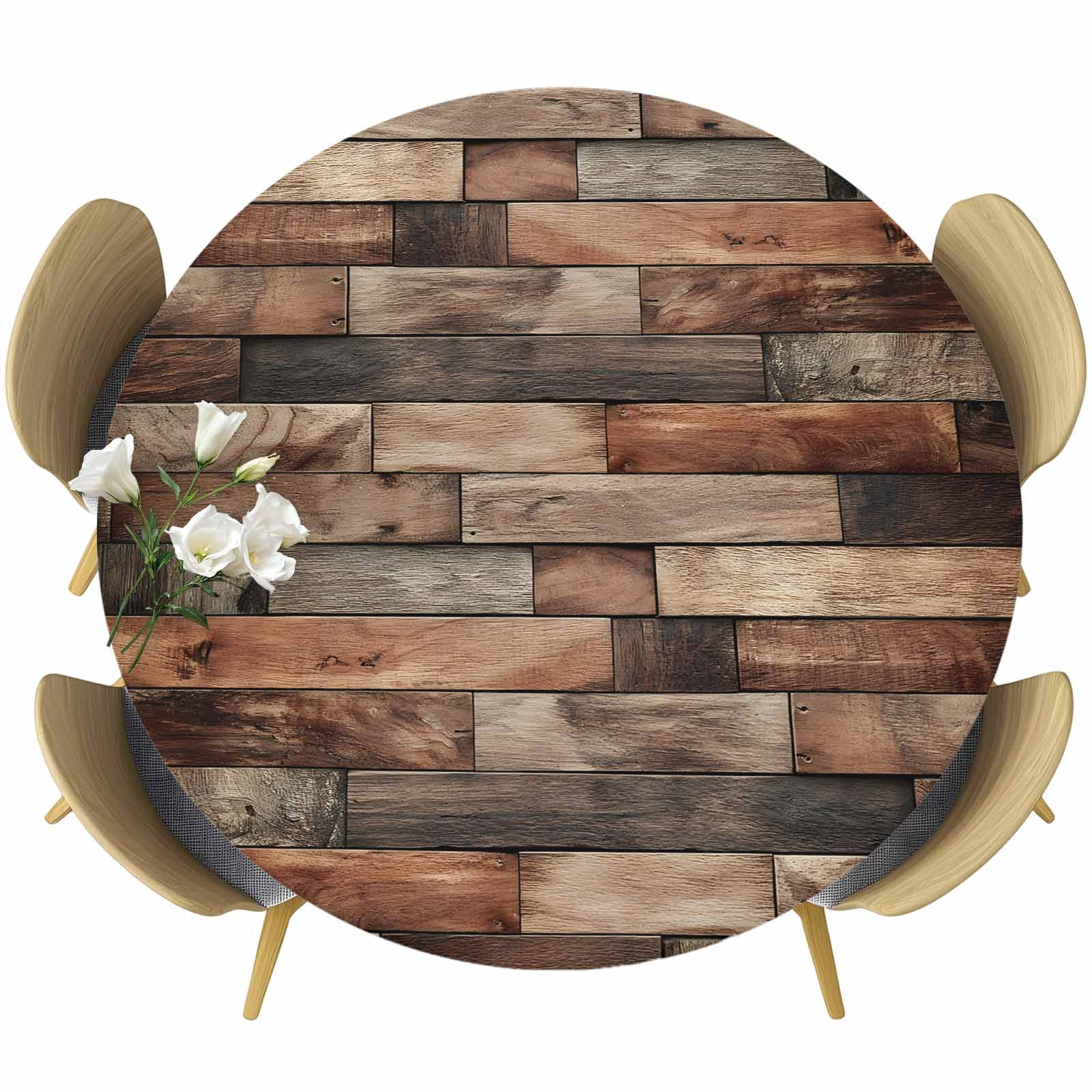 Brown Wood Grain Round Fitted Tablecloth with Elastic Edge, Farmhouse ...