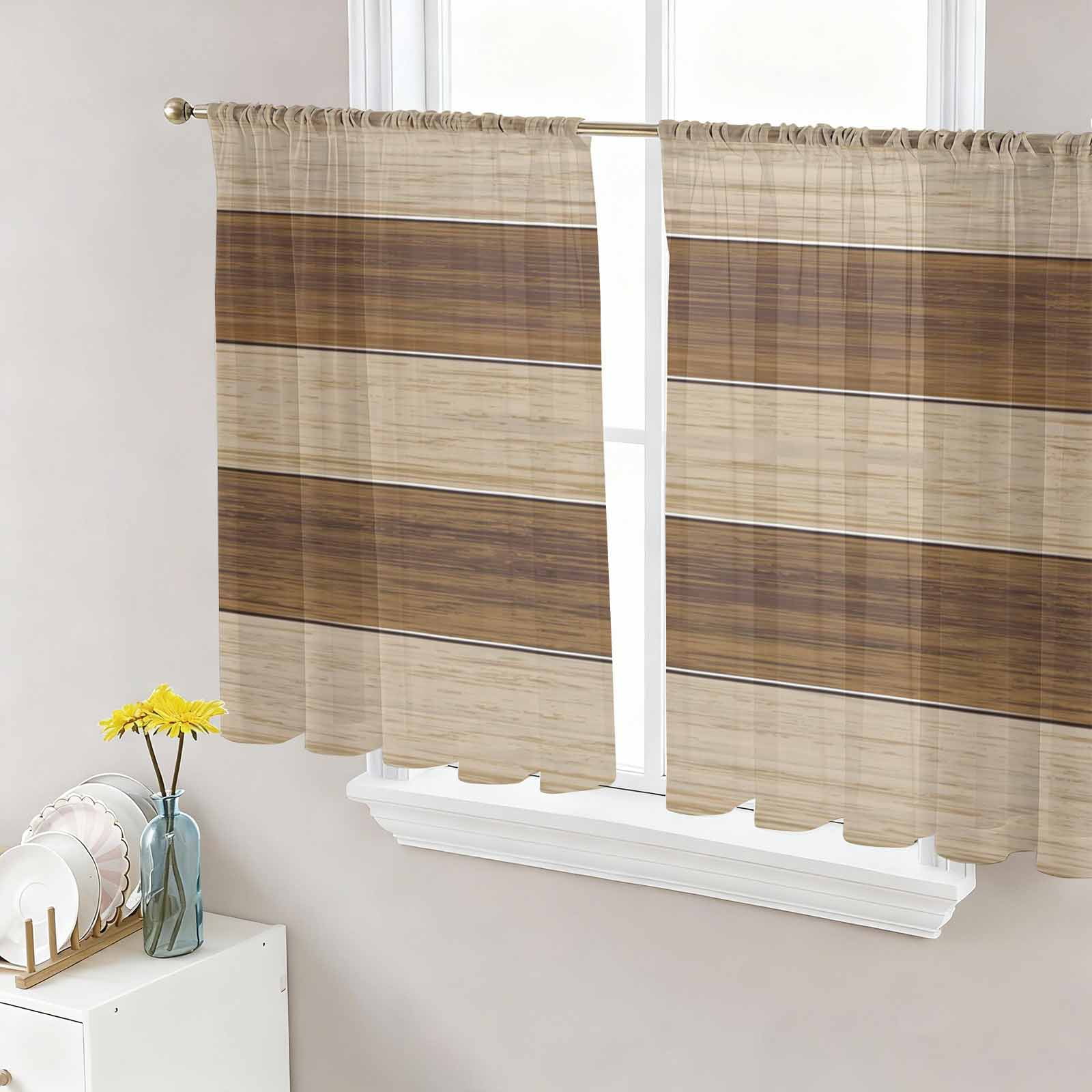 Brown Wood Grain Semi Sheer Curtains 54 Inch Length 2 Panels Set, Ombre ...