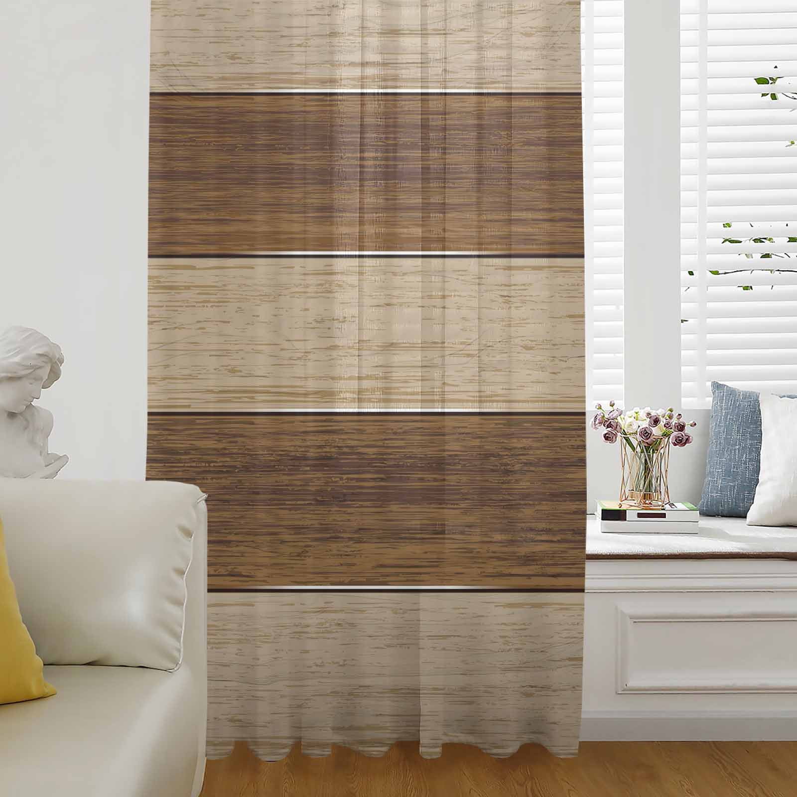 Brown Wood Grain Semi Sheer Curtains Drapes for Living Room, Bedroom ...