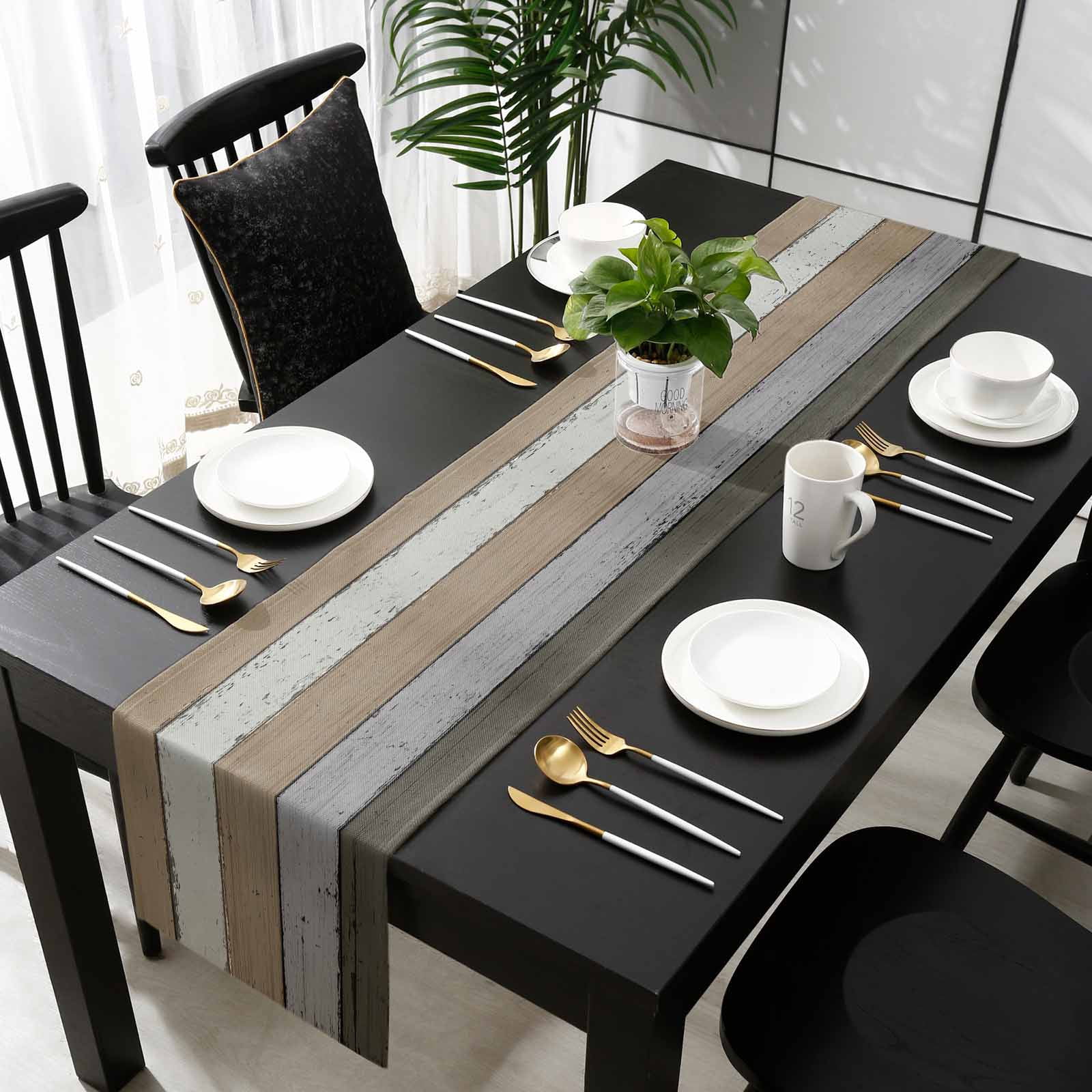 Brown Wood Grain Table Runner 36 Inches Small, Vintage Grey Stripe ...