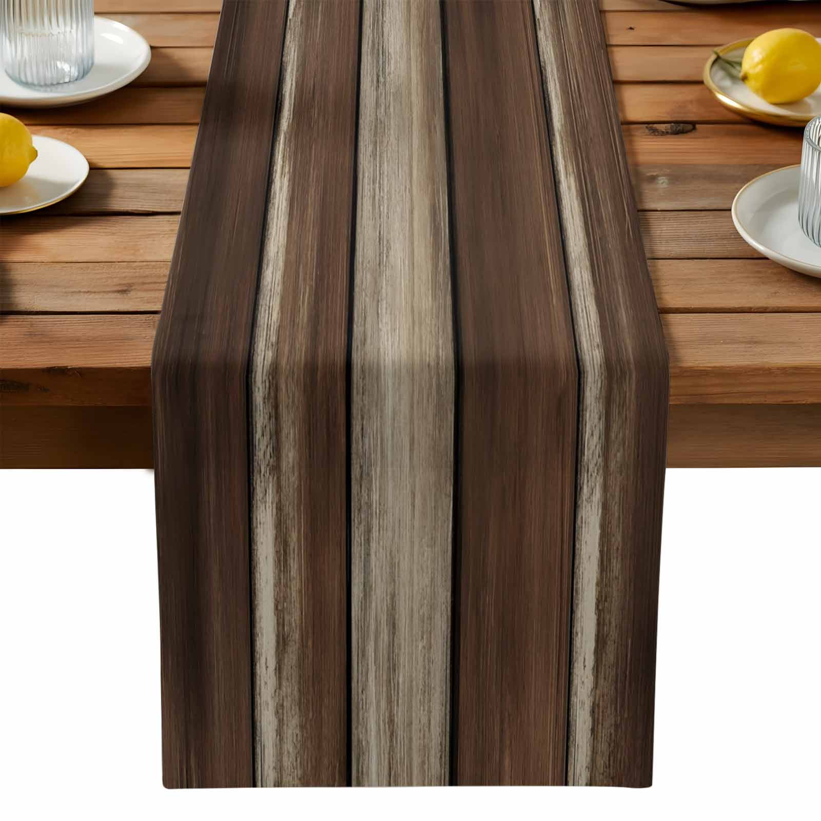 Brown Wood Grain Table Runner, Vintage Board Farm Countryside Washable ...